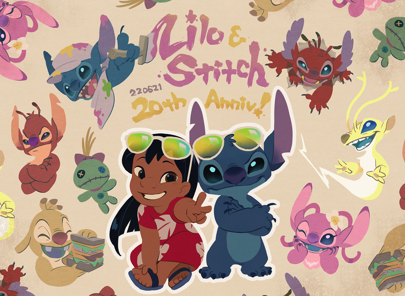 Safebooru - 2girls 3boys angel (lilo & stitch) anniversary black hair ...