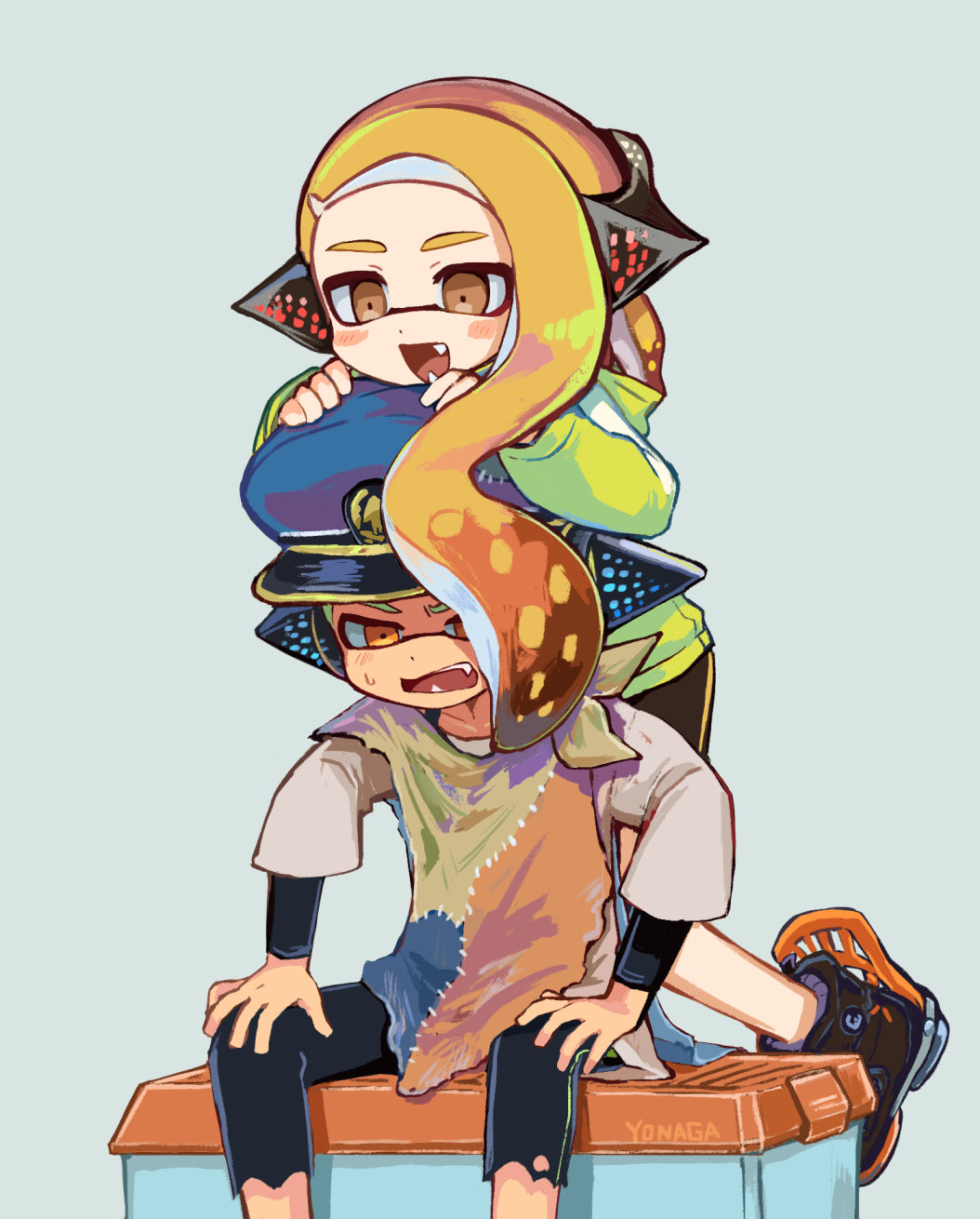 Safebooru - 1boy 1girl :d agent 3 (splatoon) agent 4 (splatoon) artist name black footwear black ...