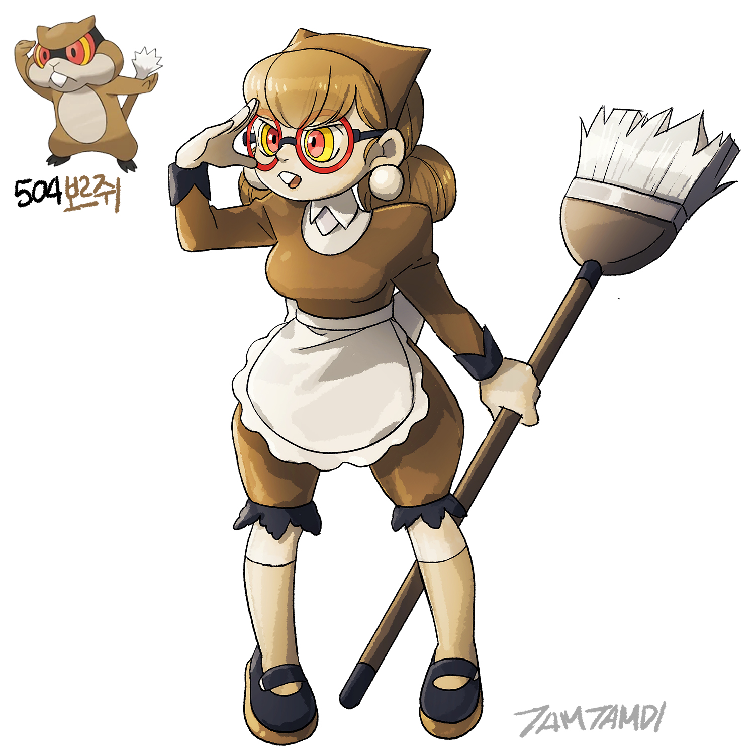 Safebooru - 1girl apron black footwear broom brown shirt brown shorts ...