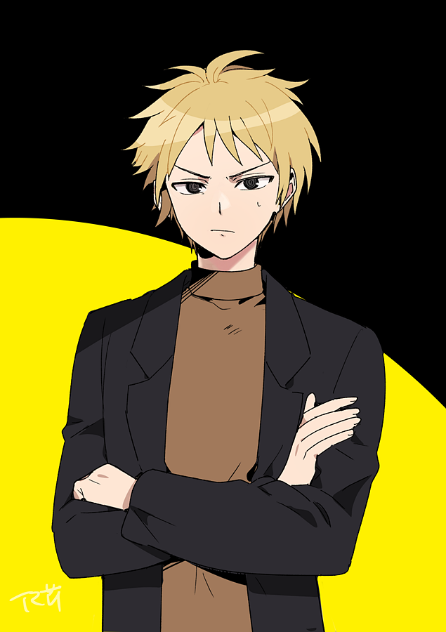 Safebooru - 1boy @ @ atou haruki black eyes black jacket blonde hair brown sweater commentary ...