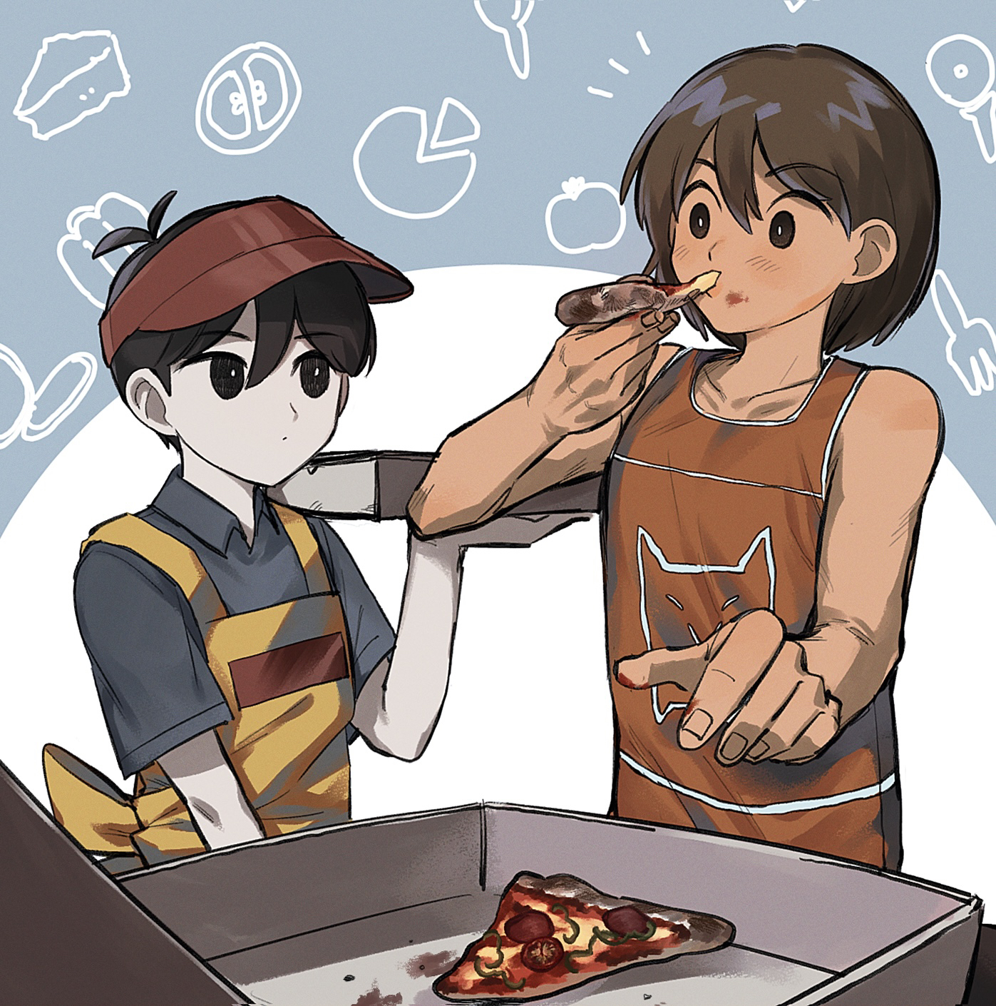 Safebooru - 2boys antenna hair apron aqua background bare arms bare ...