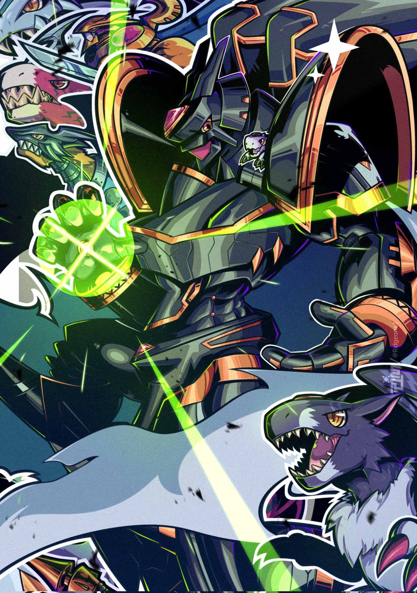 Safebooru - alphamon armor aura black armor body fur cowboy shot ...