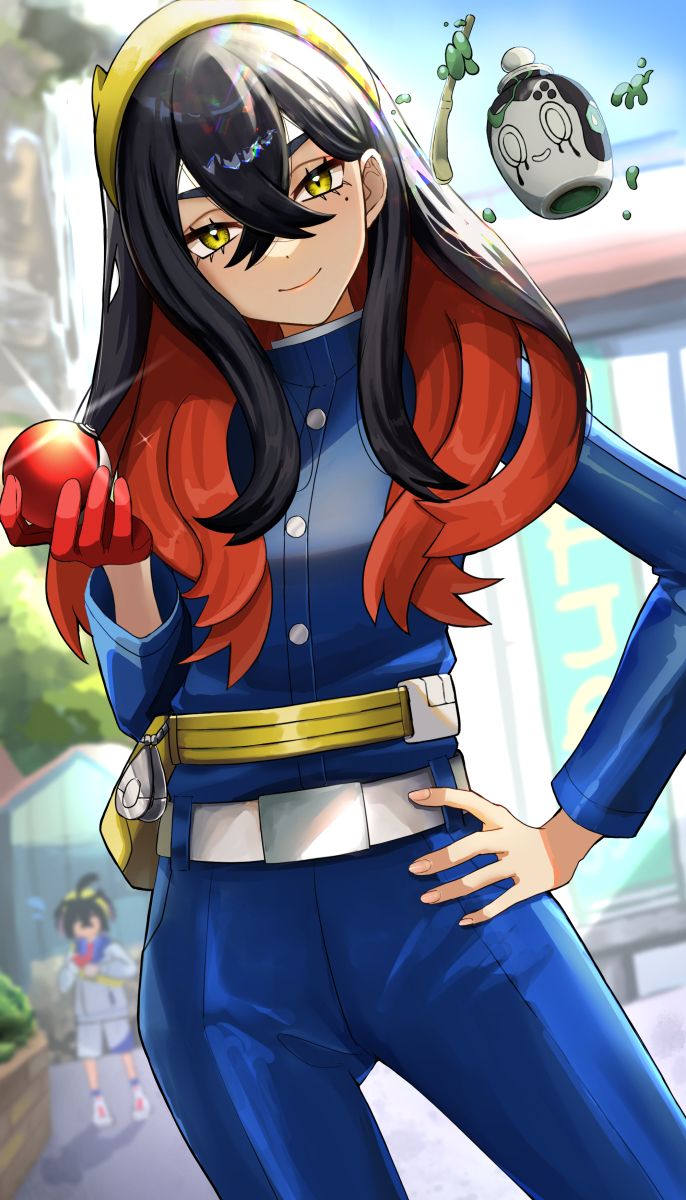 Safebooru - 1boy 1girl belt belt buckle black hair blue jacket blue pants blurry blurry ...