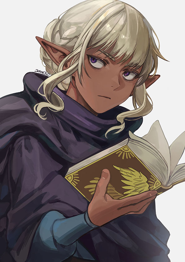 Safebooru - 1boy androgynous book braid braided bun dark-skinned male dark elf dark skin dated ...