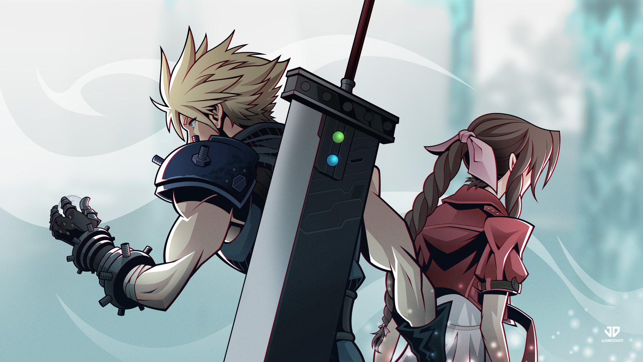 Safebooru - 1boy 1girl aerith gainsborough armor bandaged arm bandages belt blonde hair blue ...