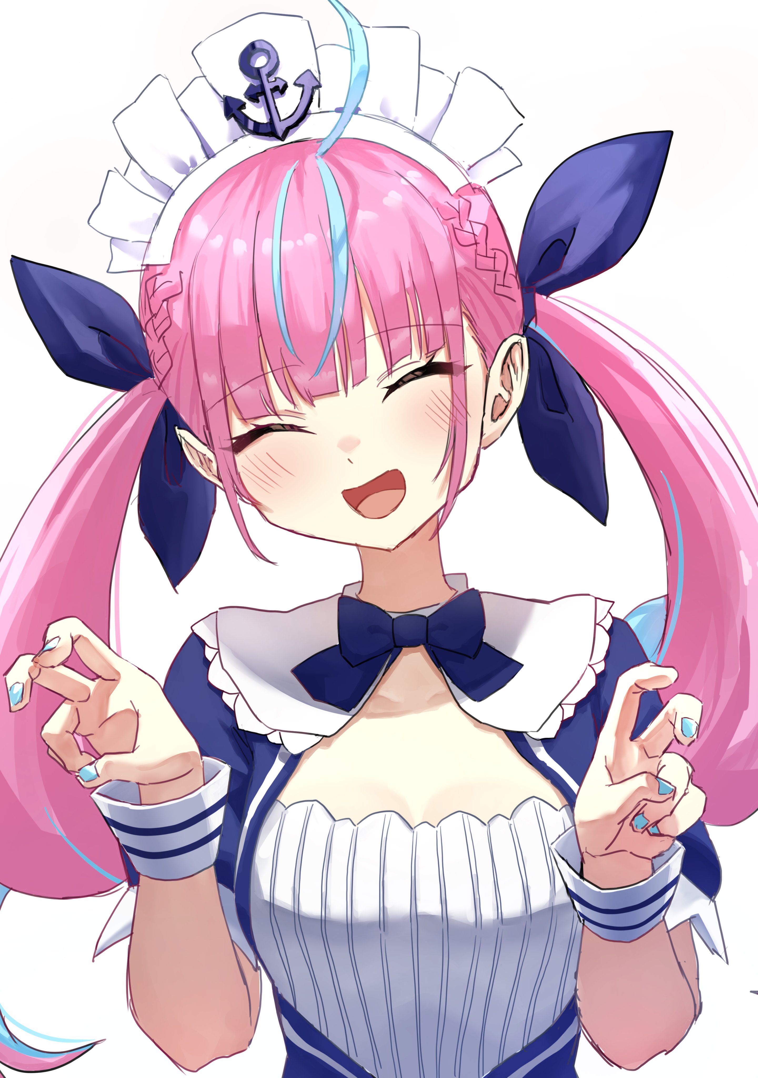 Safebooru - 1girl absurdres ahoge anchor symbol bent v blue bow blue bowtie blue nails bow ...