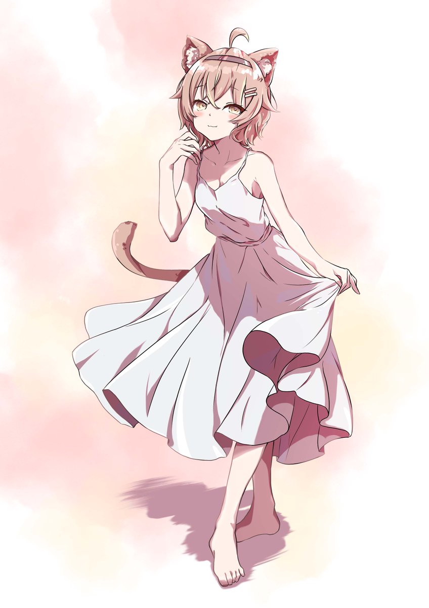 Safebooru - 1girl animal ears annin miru bare shoulders barefoot breasts cat ears cat girl cat ...