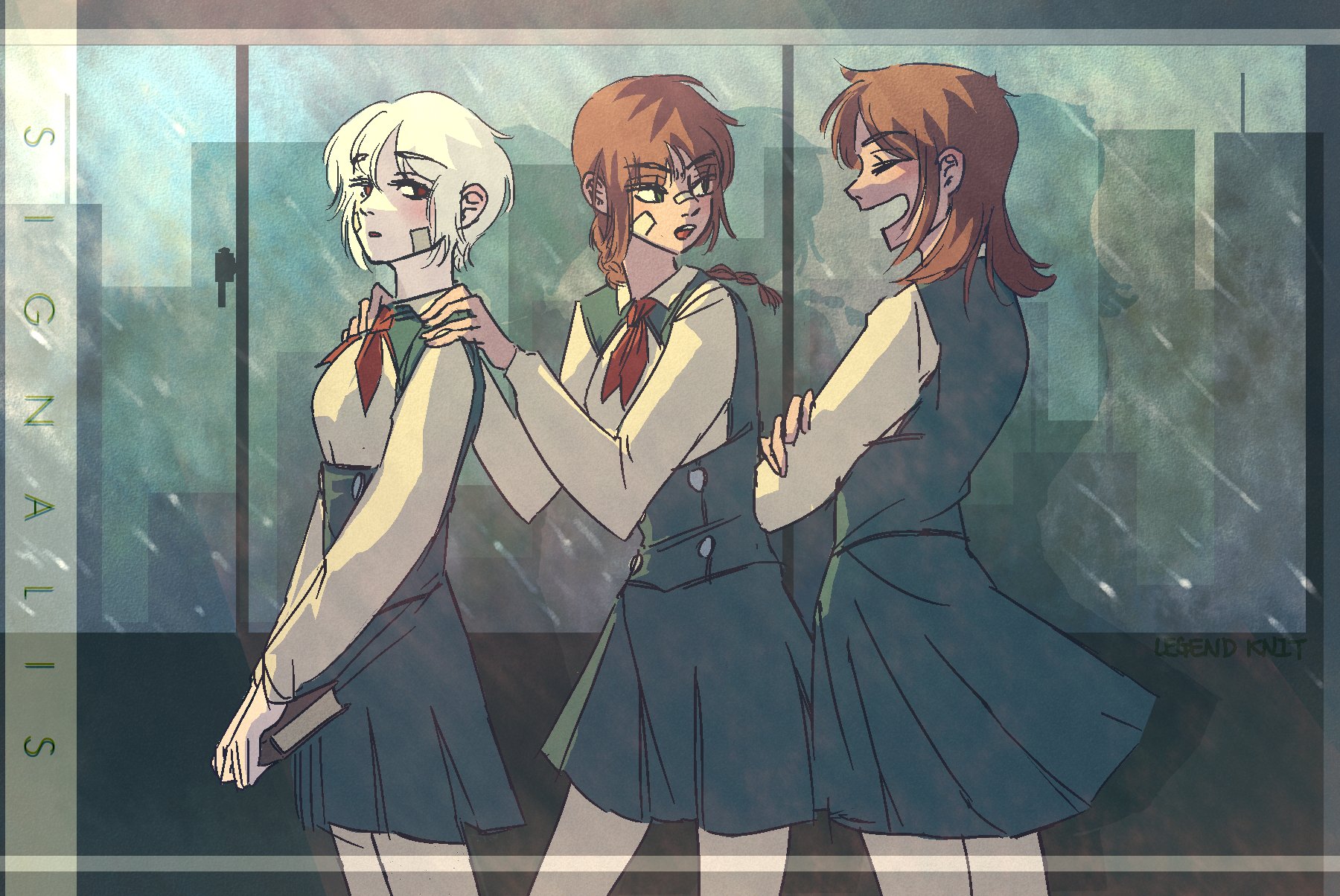 Safebooru - 3girls ariane yeong bandaid bandaid on cheek bandaid on face bandaid on nose blue ...