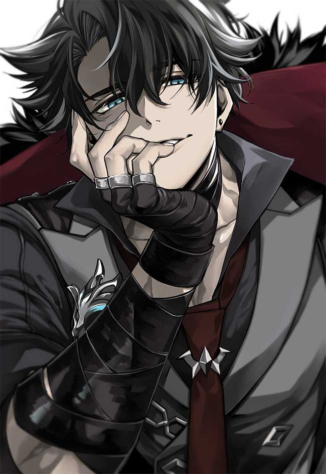 Safebooru - 1boy bandaged arm bandaged neck bandages black gloves black hair black shirt blue ...