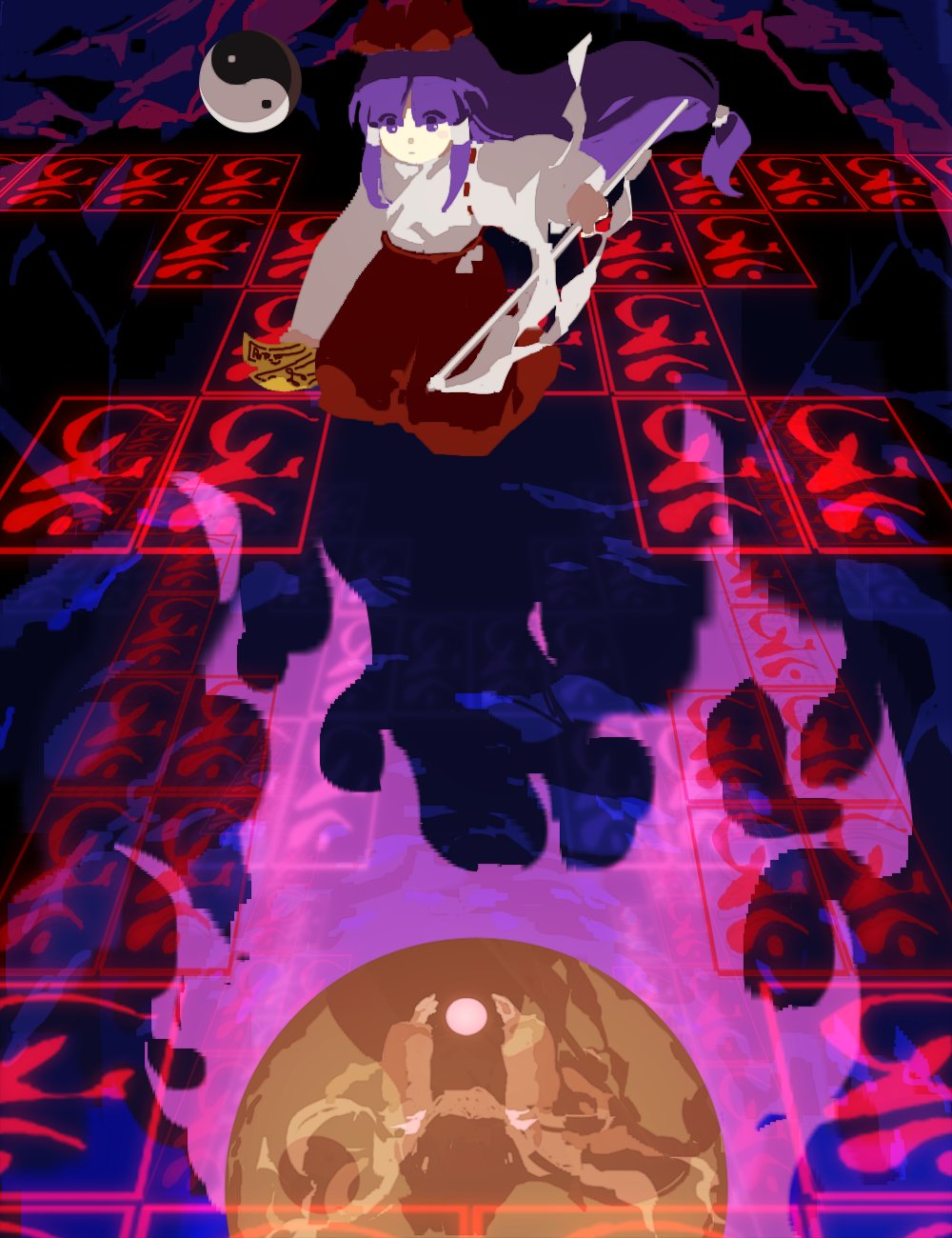 Safebooru - 1girl :o blue background bow fighting fire full body gohei ...