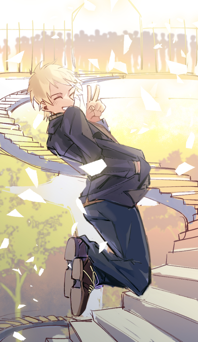 Safebooru - 1boy atou haruki black jacket black pants blonde hair brown footwear brown sweater ...