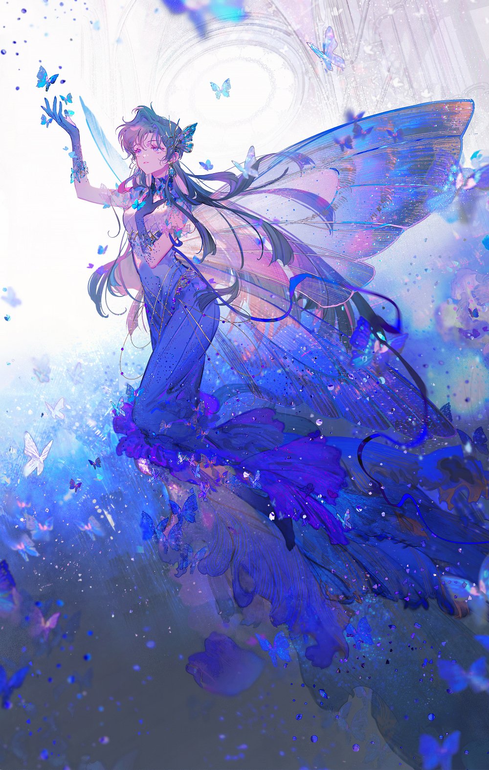 Safebooru - 1girl arm up black gloves black hair blue butterfly blue eyes bug butterfly ...