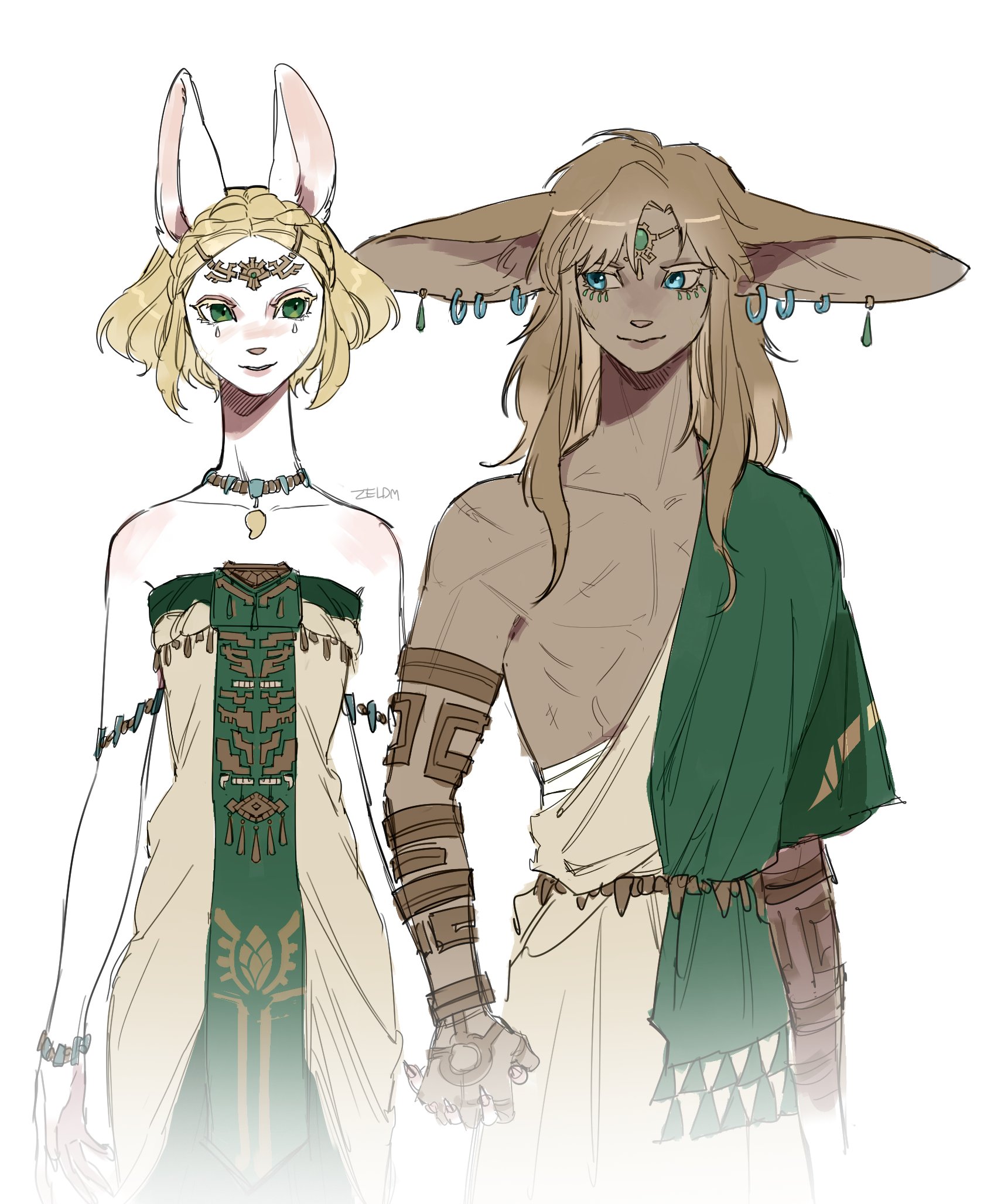 Safebooru - 1boy 1girl animal earrings animal ears aqua eyes armlet bare shoulders blonde hair ...