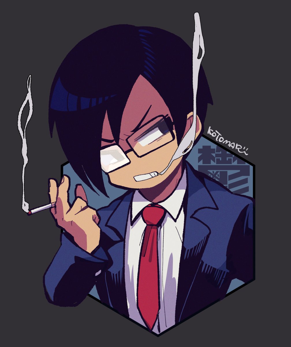 Safebooru - 1boy between fingers black eyes black hair blue jacket cigarette collared shirt grey ...