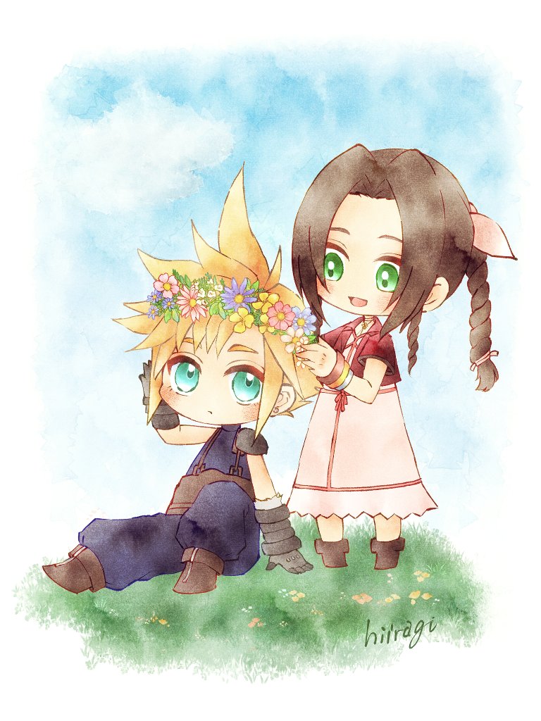 Safebooru - 1boy 1girl aerith gainsborough aqua eyes armor artist name baggy pants bandaged arm ...