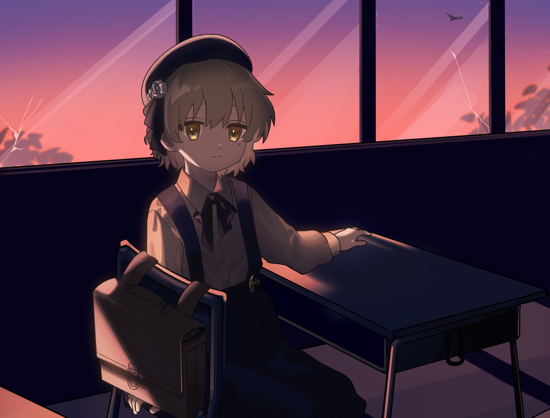 Safebooru - 1girl backlighting bag beret black hat black ribbon black skirt briefcase brown eyes ...