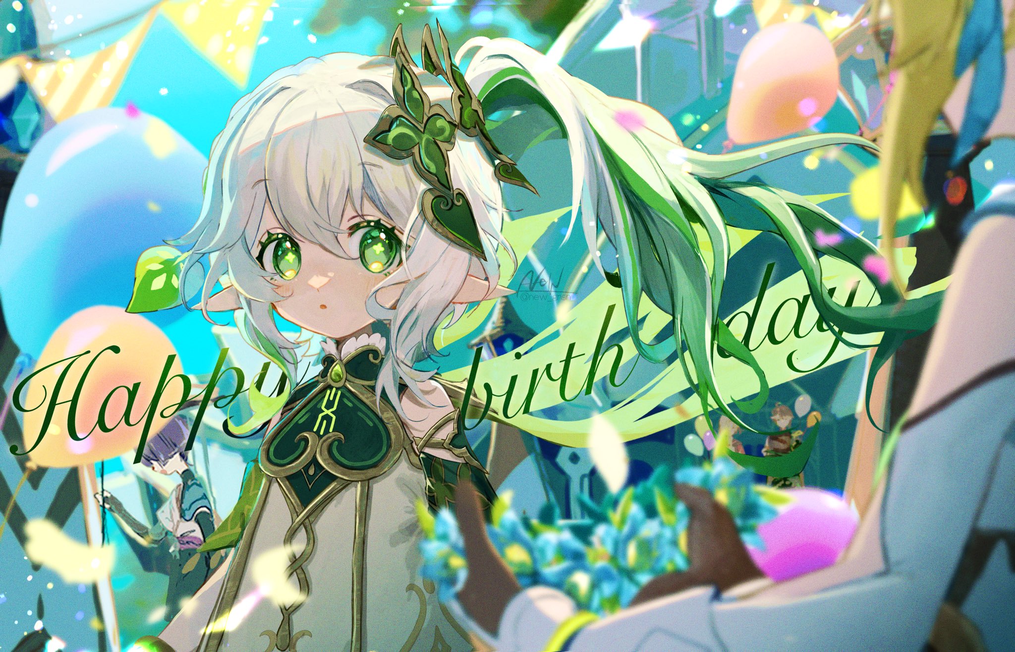 Safebooru - 2girls 3boys :o alhaitham (genshin impact) artist name balloon birthday black gloves ...