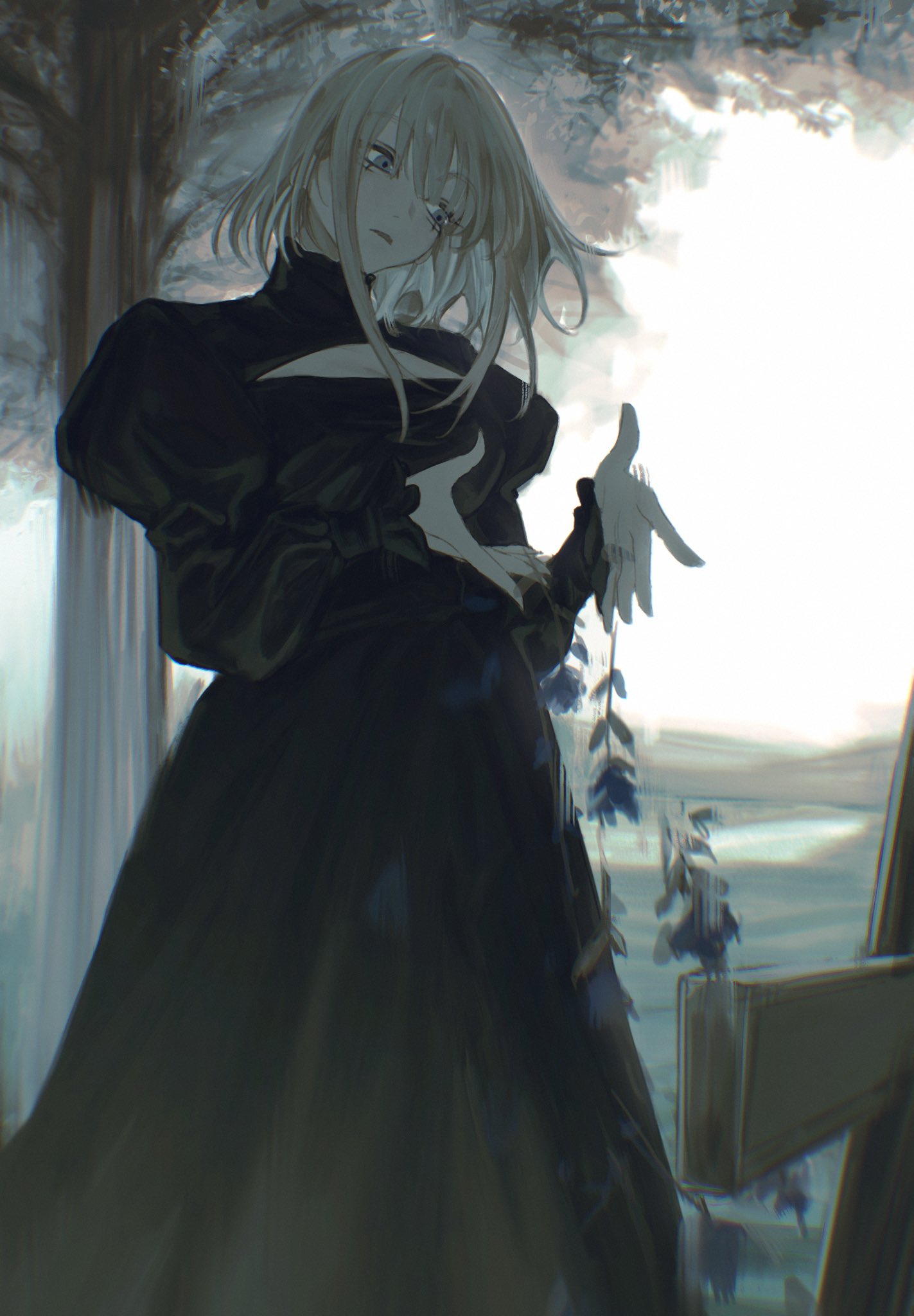 Safebooru - 1girl backlighting black dress blue eyes blurry cleavage ...