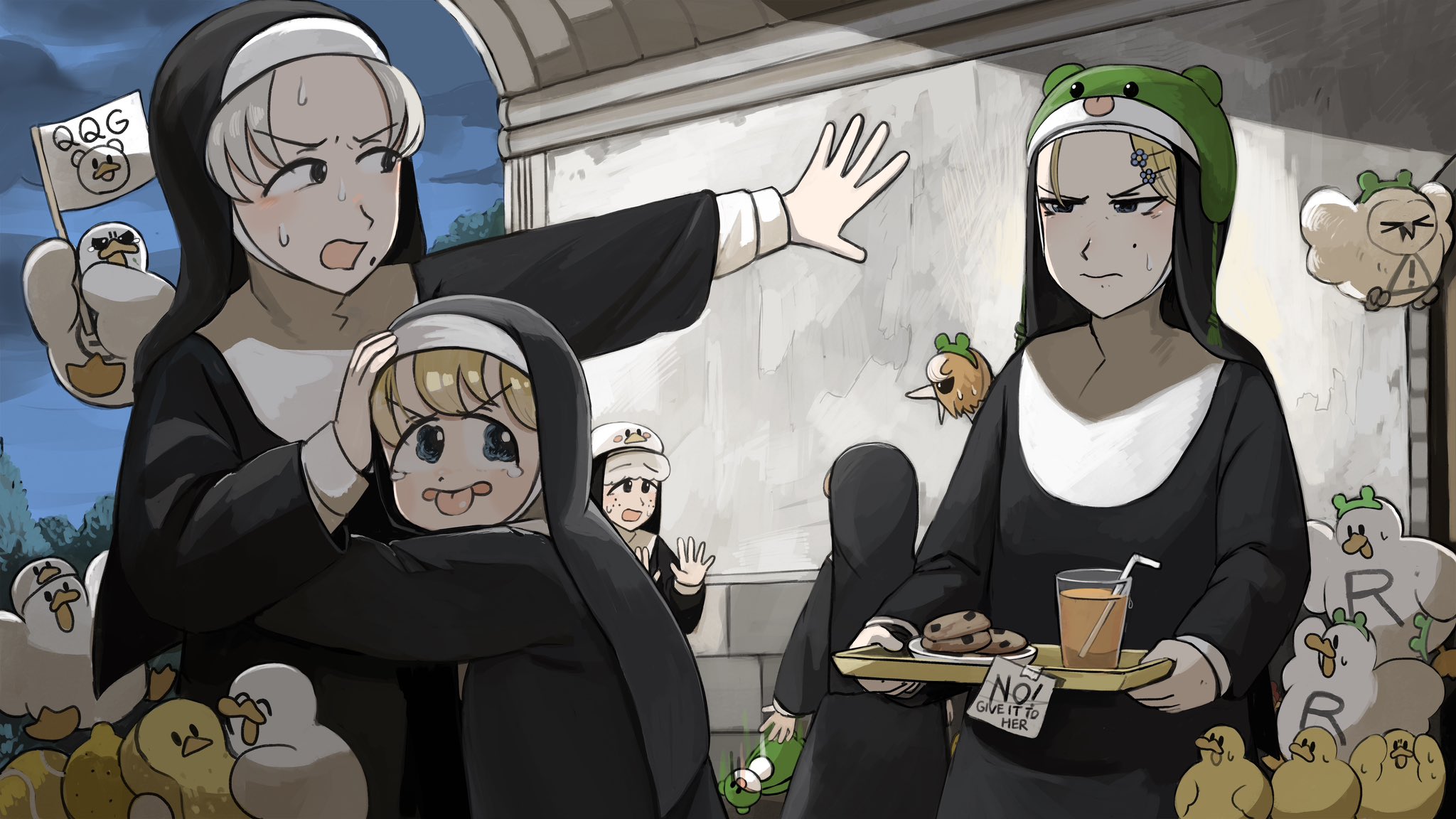 Safebooru - 5girls bendy straw bird blonde hair blue eyes chicken ...