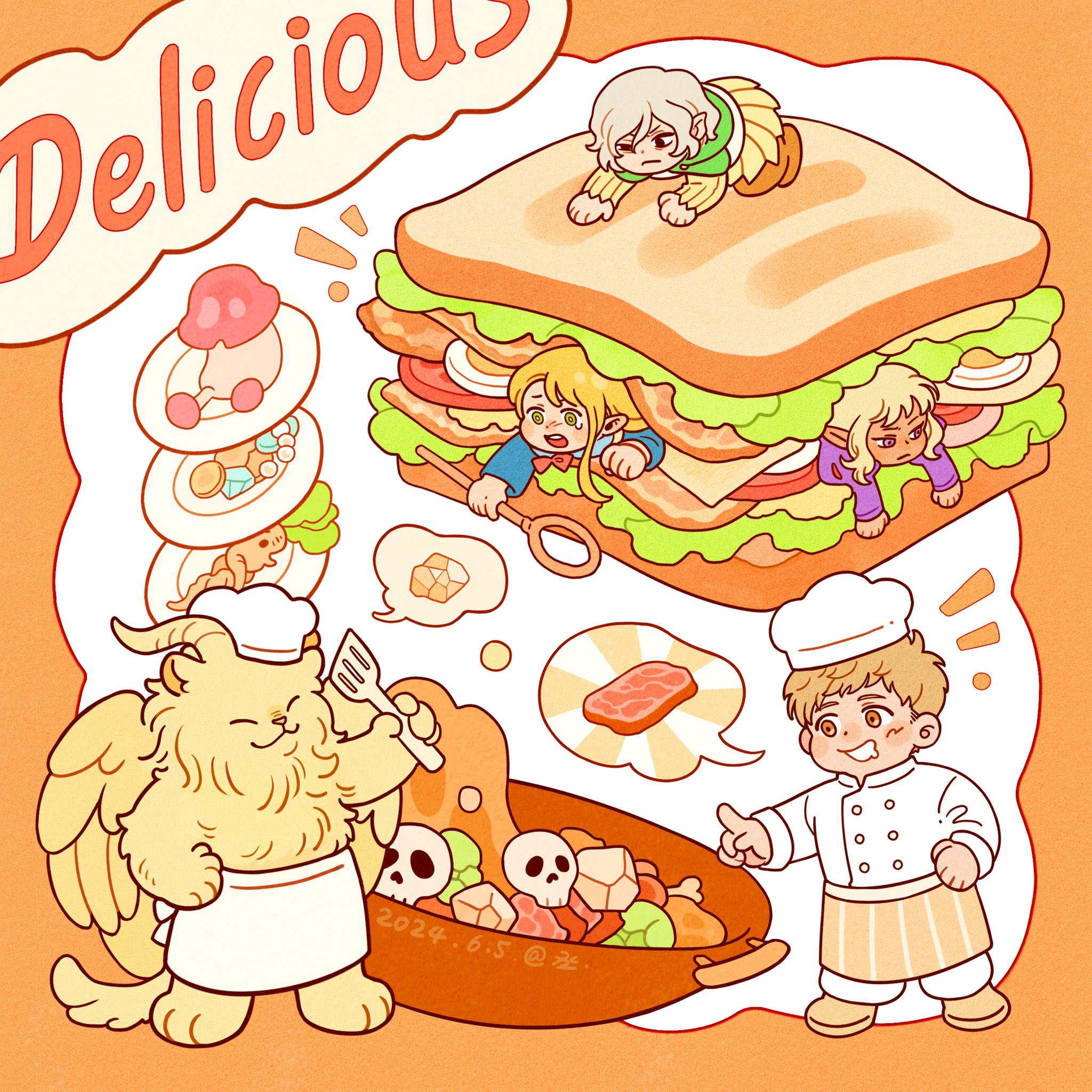 Safebooru - 1girl 4boys ambrosia (dungeon meshi) animal ears apron blonde hair bread bread slice ...