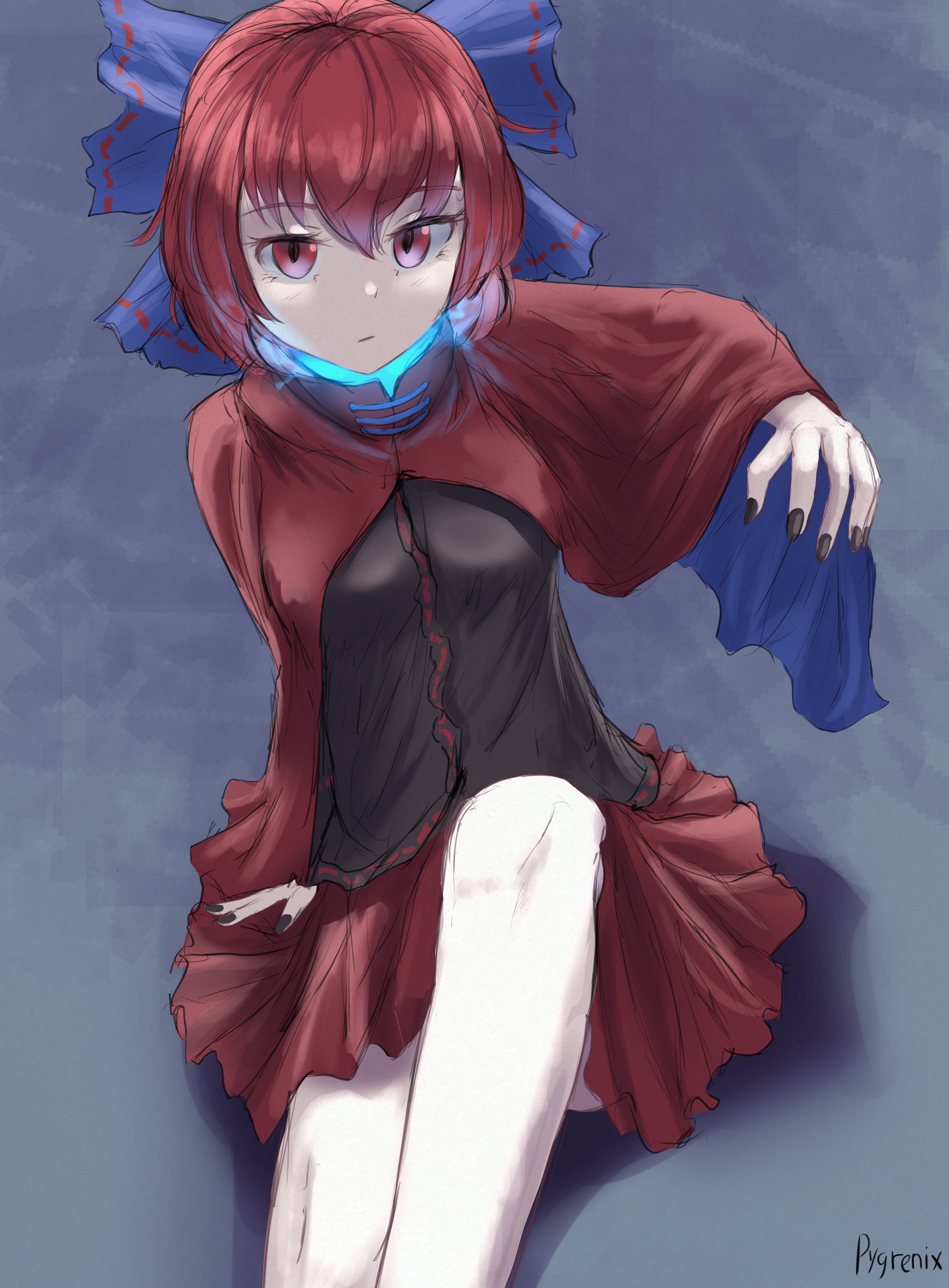 Safebooru - 1girl absurdres black nails black shirt blue bow bow cloak closed mouth disembodied ...