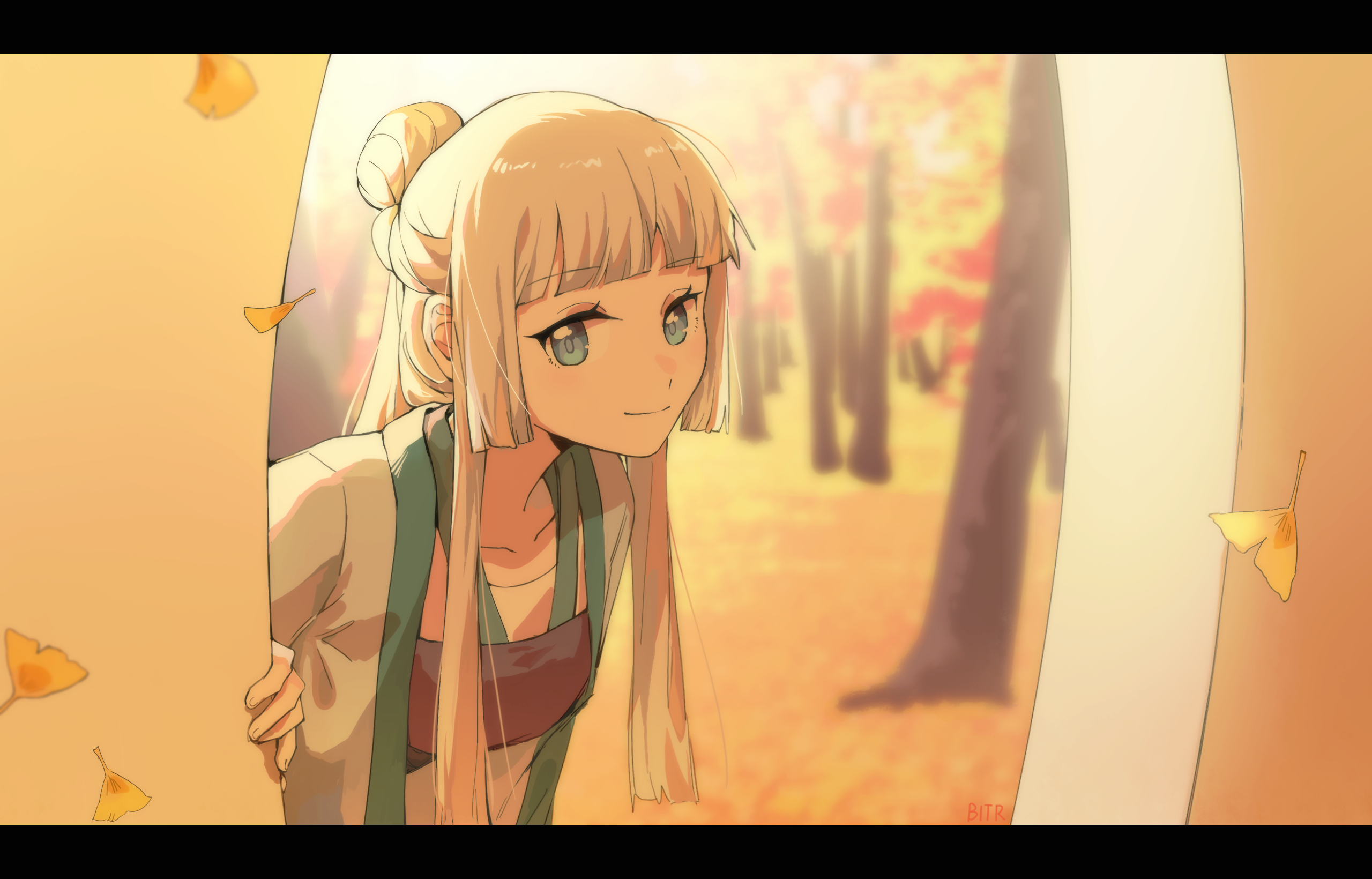 Safebooru - 1girl autumn autumn leaves bai yuxiu bitr x blonde hair blue eyes blunt bangs ...