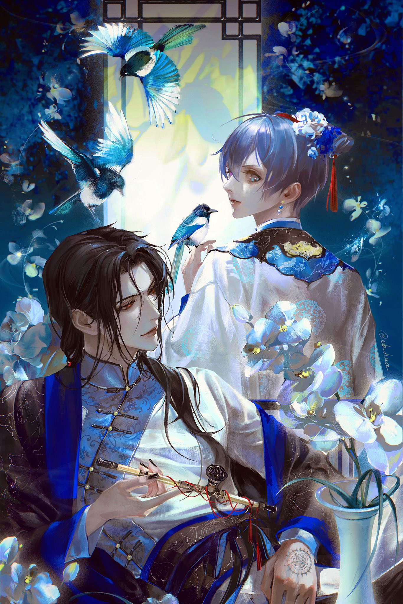 Safebooru - 2boys alternate costume alternate hairstyle bird bird on hand bishounen black hair ...