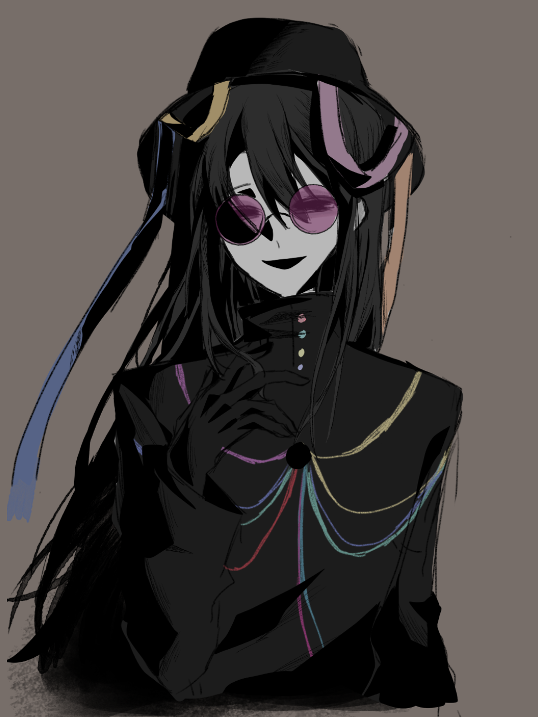 Safebooru - 1boy black eyes black gloves black hair black hat black shirt blue ribbon colored ...