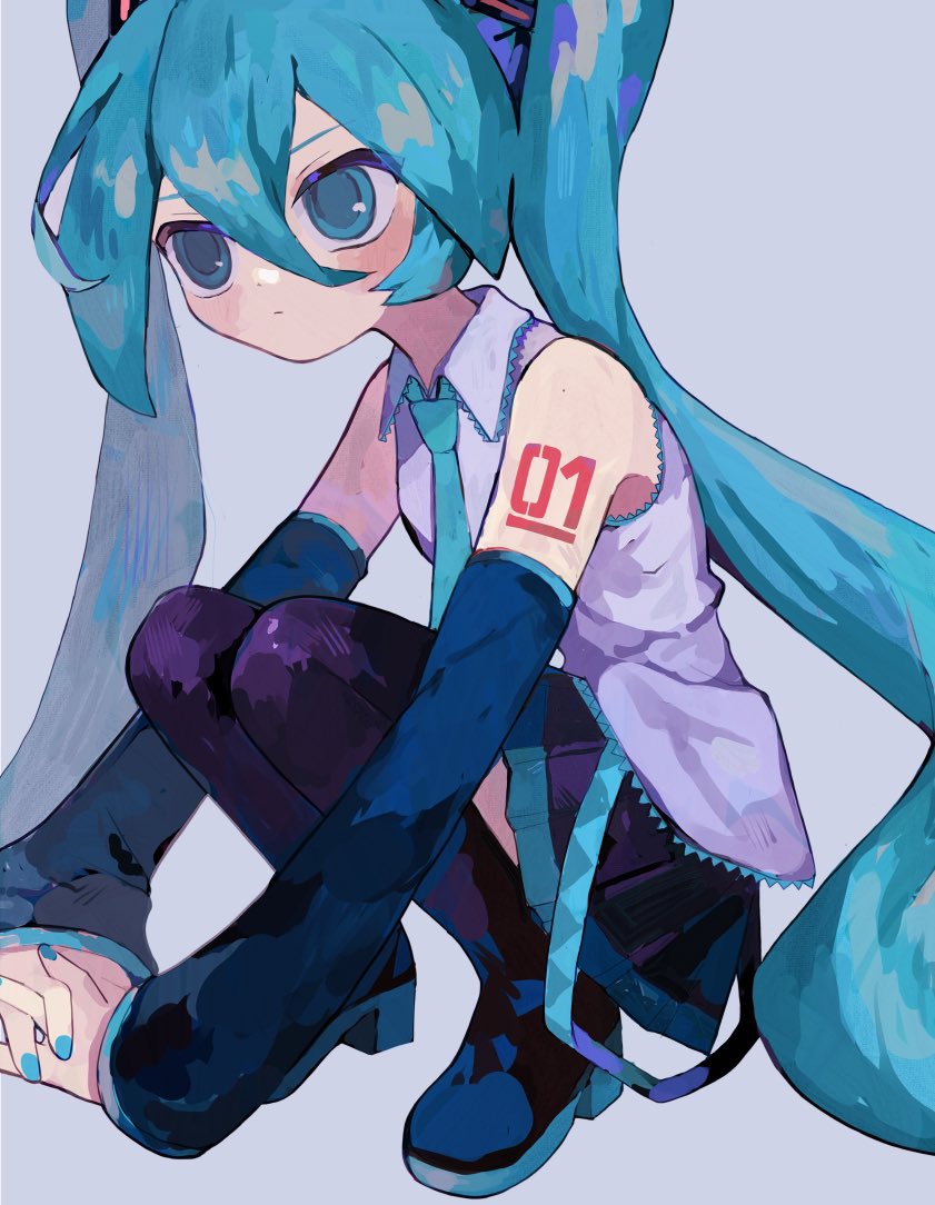 Safebooru - 1girl bare shoulders black skirt black sleeves blue hair blue nails boots detached ...