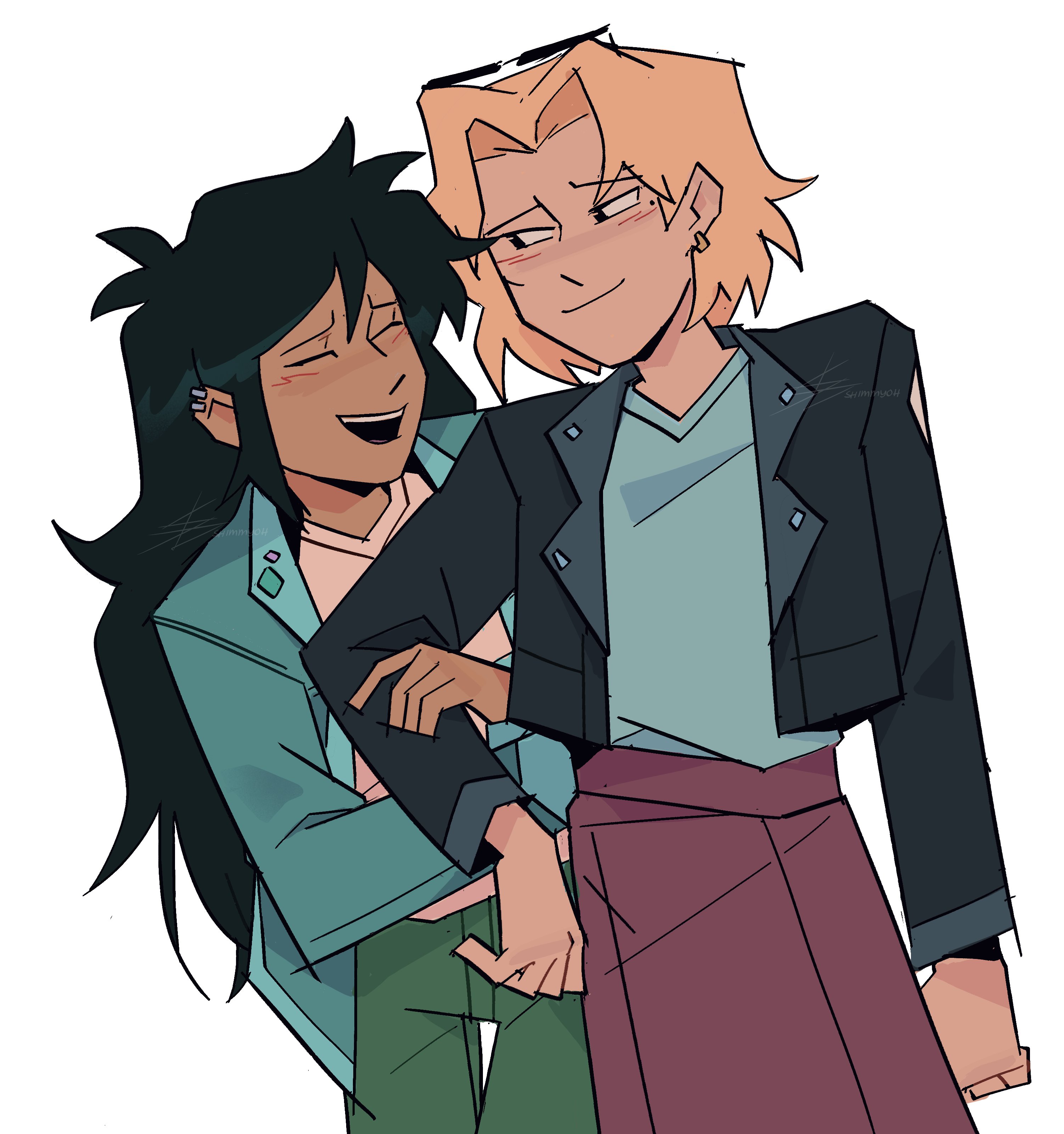 Safebooru - 2girls absurdres amphibia aqua jacket black hair black jacket blonde hair closed ...