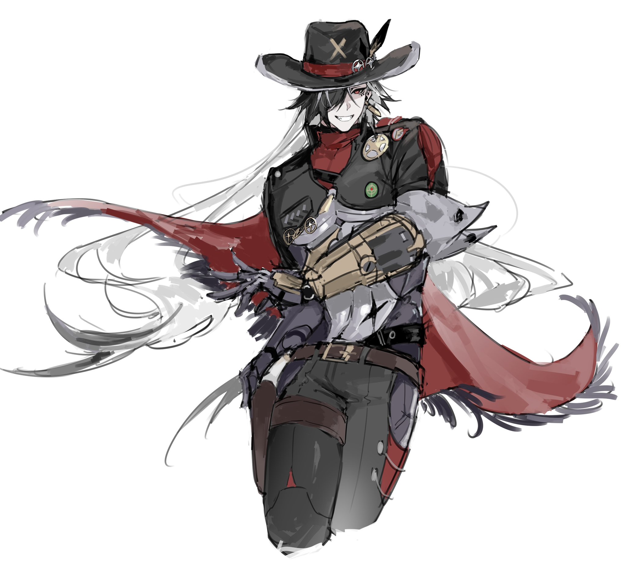 Safebooru - 1boy abs arm across chest badge belt belt buckle black belt black hat black jacket ...