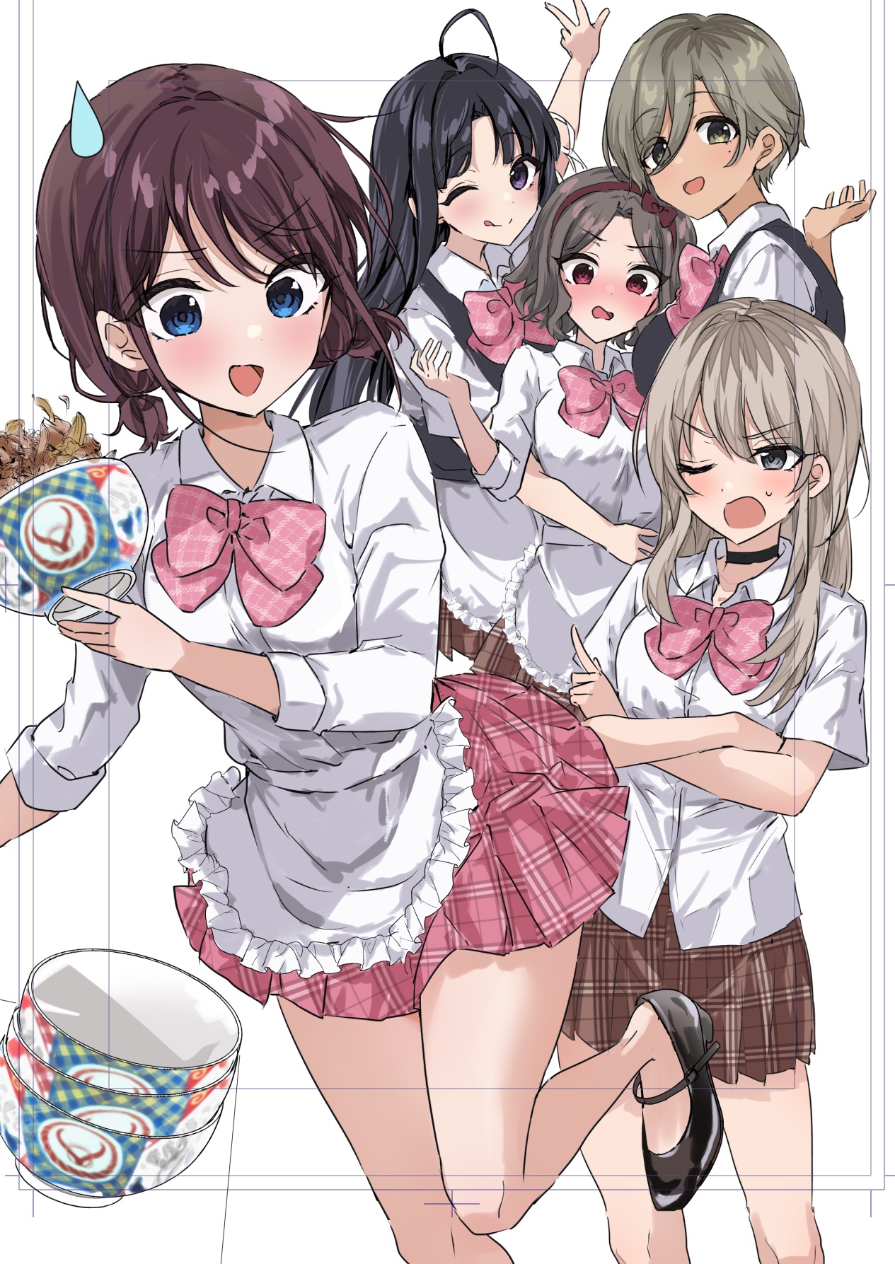 Safebooru - 5girls ahoge apron awa subaru black choker black footwear black vest blue eyes blush ...