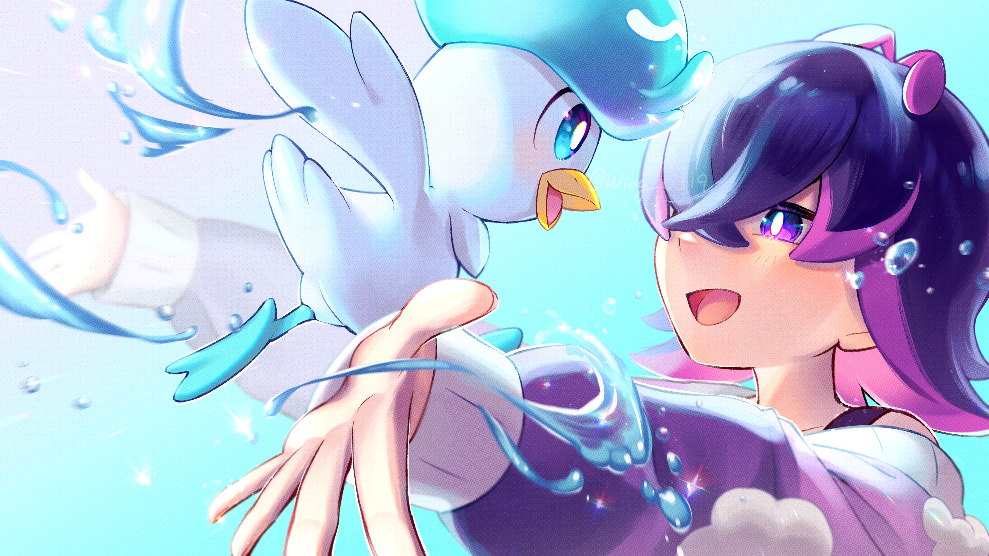 Safebooru - 1girl :d absurdres aqua background blurry blush bright ...