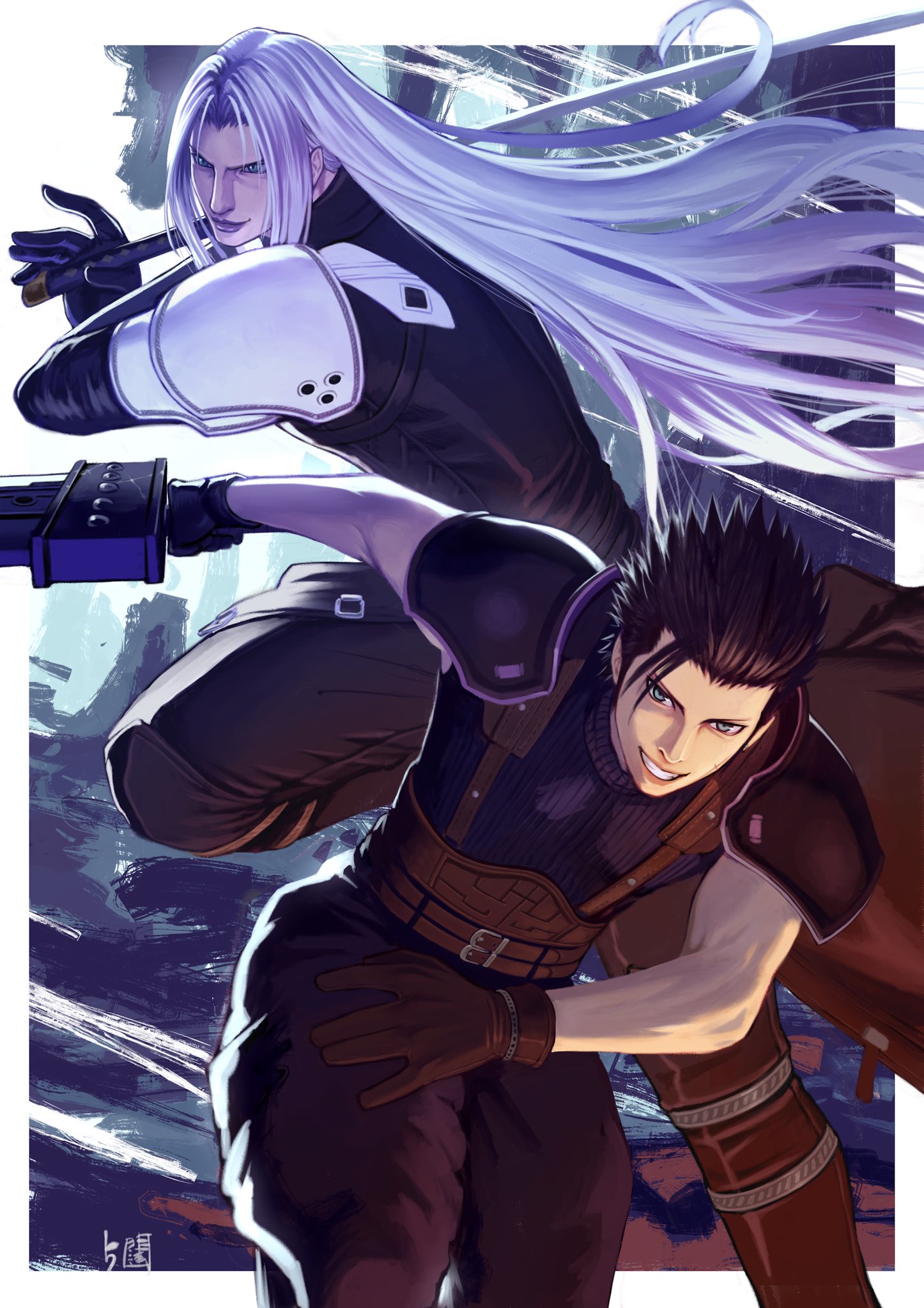 Safebooru - 2boys 5tatsu aqua eyes armor baggy pants battle belt black coat black gloves black ...