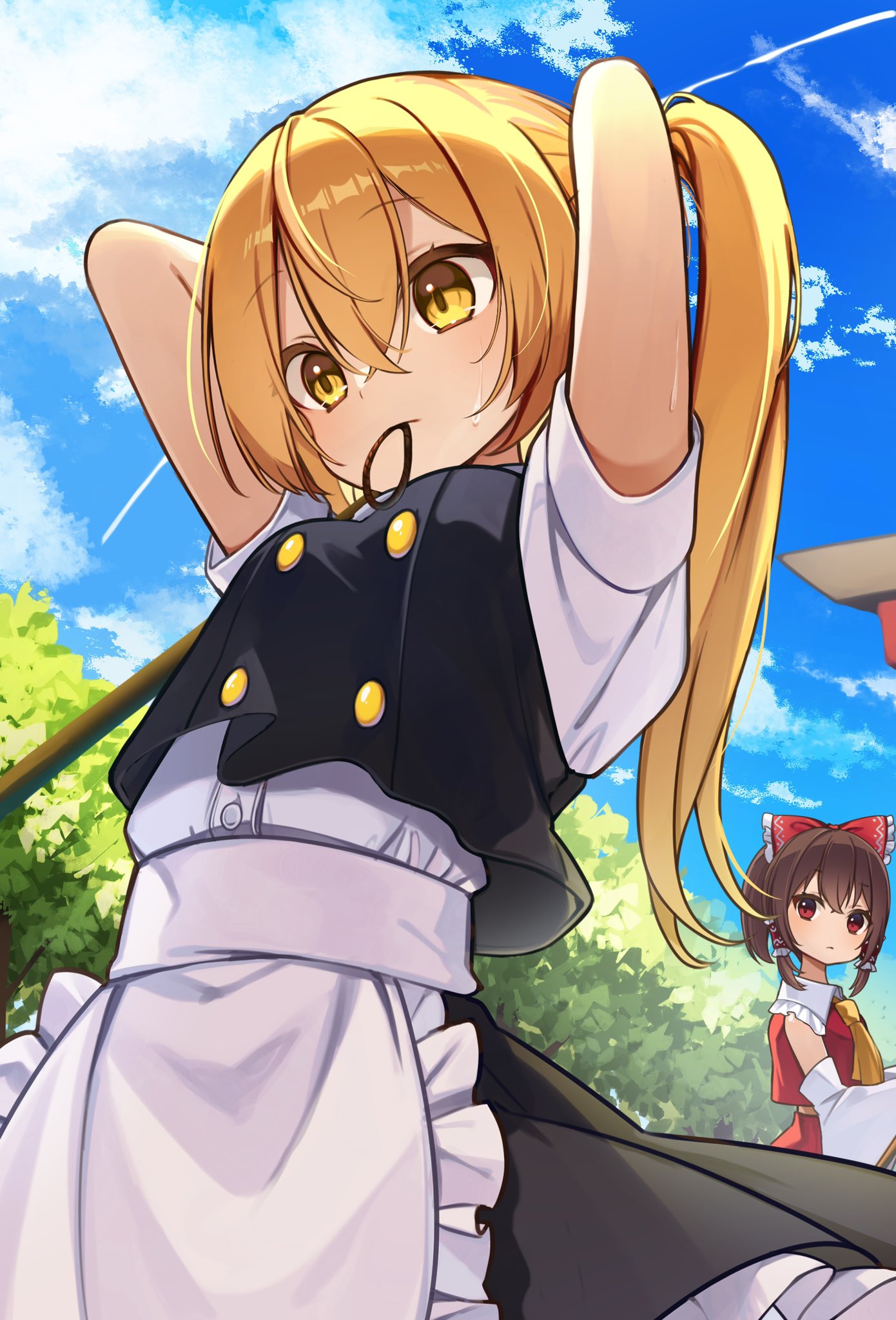 Safebooru - 2girls apron ascot black vest blonde hair blue sky bow brown hair clouds commentary ...