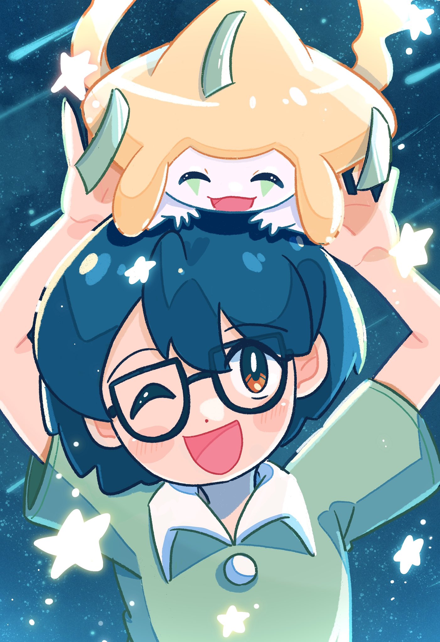 Safebooru - 1boy :d animal on head arms up black-framed eyewear blue hair bright pupils brown ...