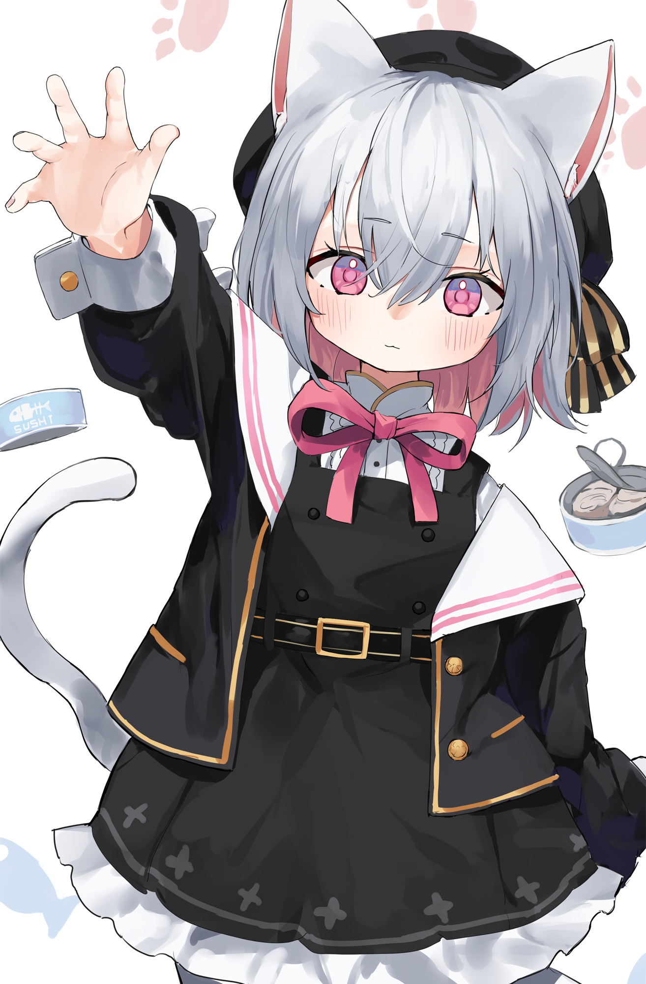 Safebooru - 1girl :3 animal ears arm up belt beret black belt black dress black hat blush can ...