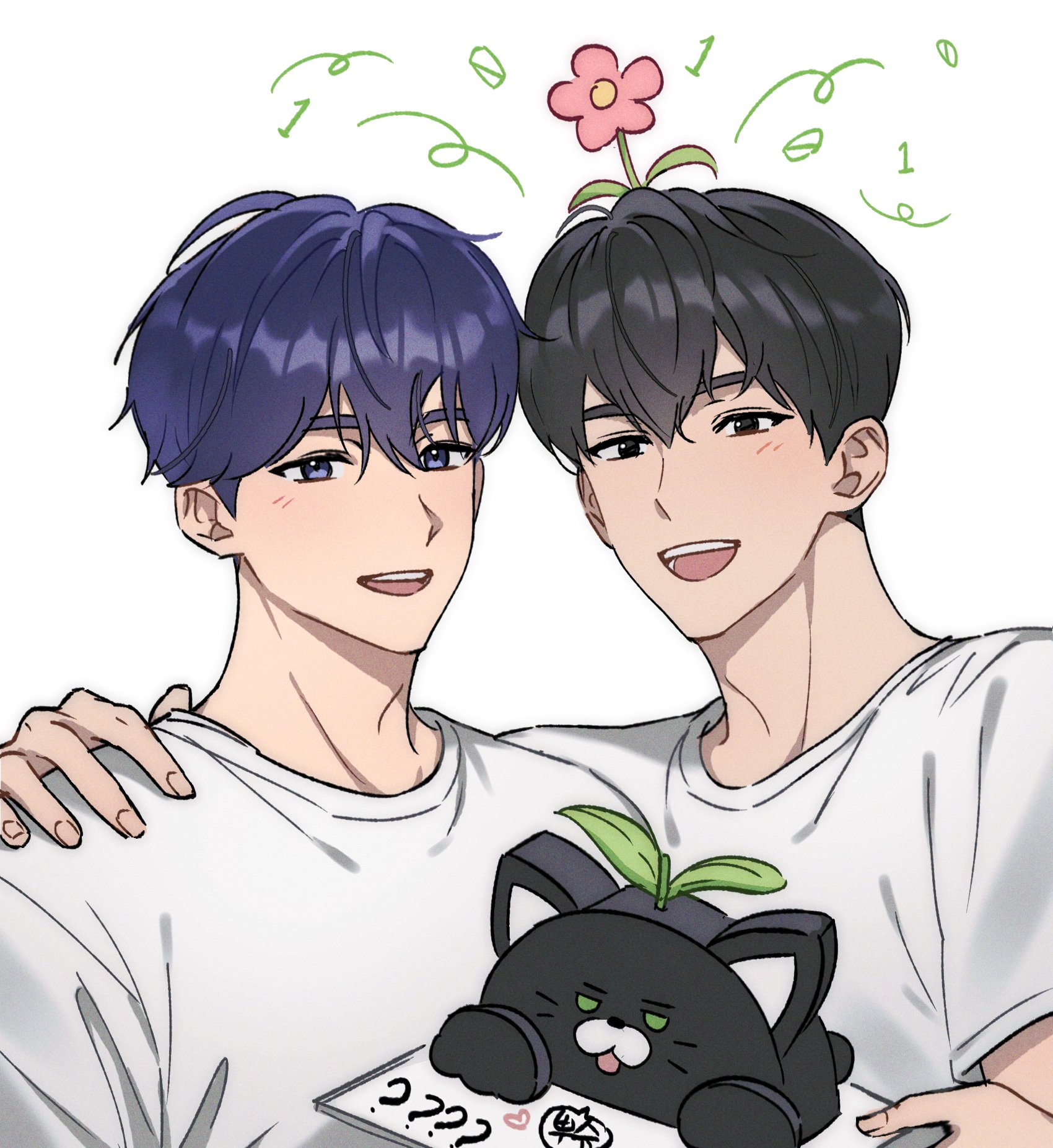 Safebooru - 2boys arm around shoulder black eyes black hair blue eyes ...