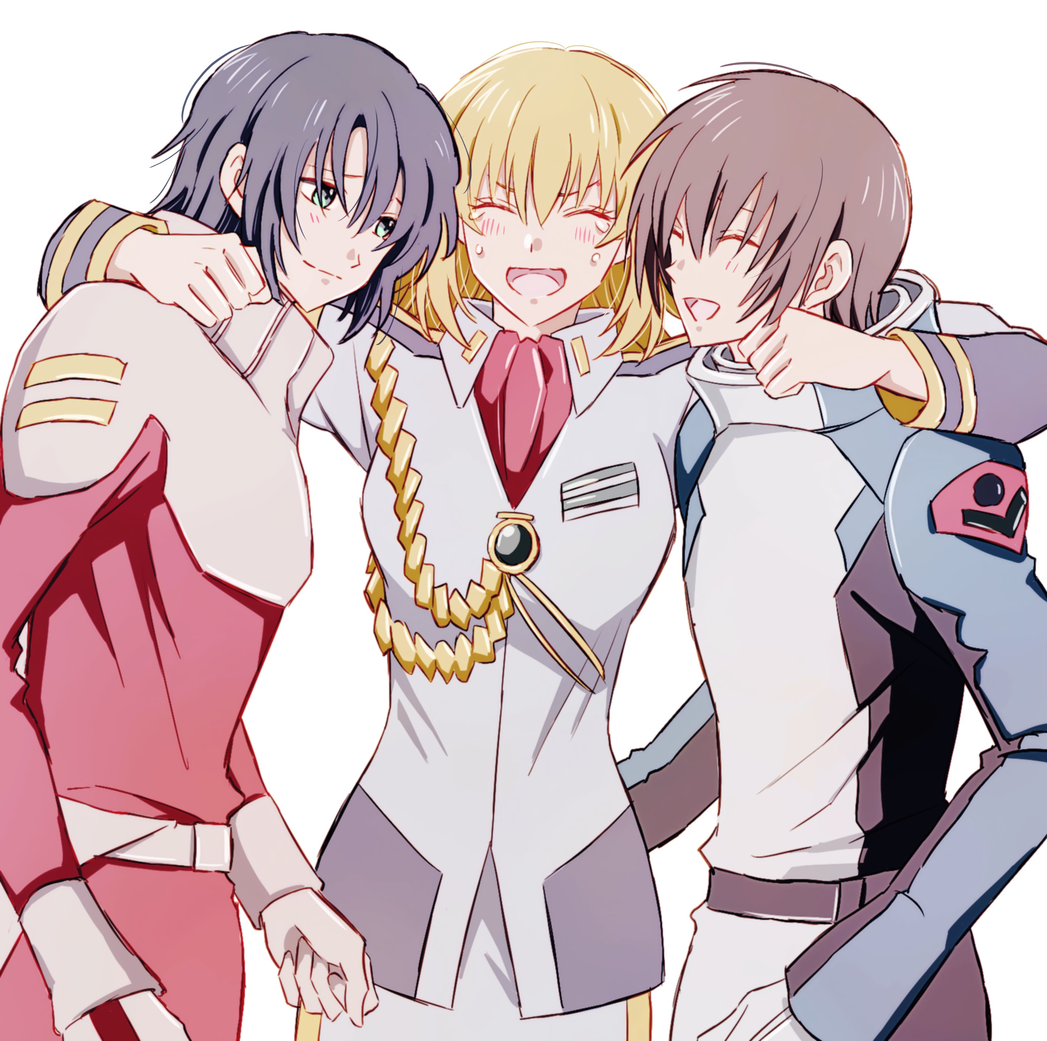 Safebooru - 1girl 2boys :d ^ ^ absurdres aiguillette arms around neck ascot athrun zala blonde ...