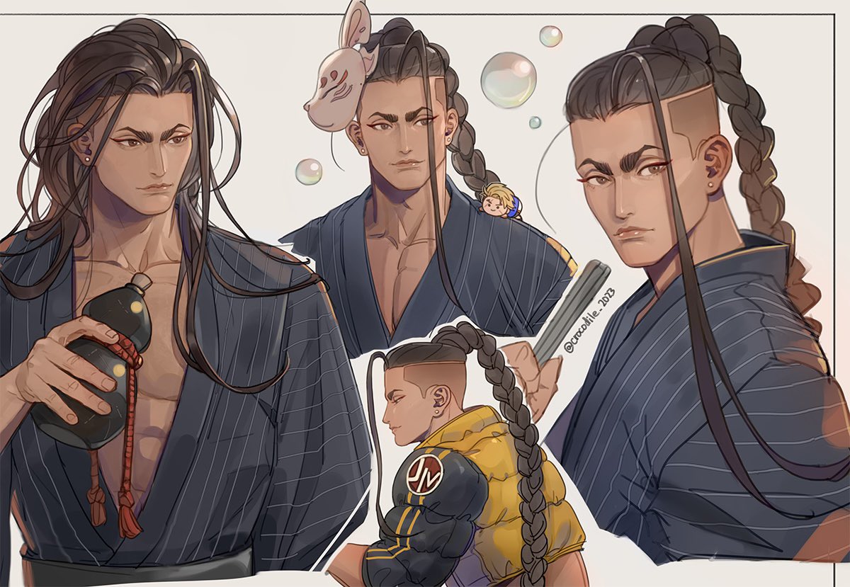 Safebooru - 1boy abs alternate costume arm up blue kimono border braid brown eyes brown hair ...