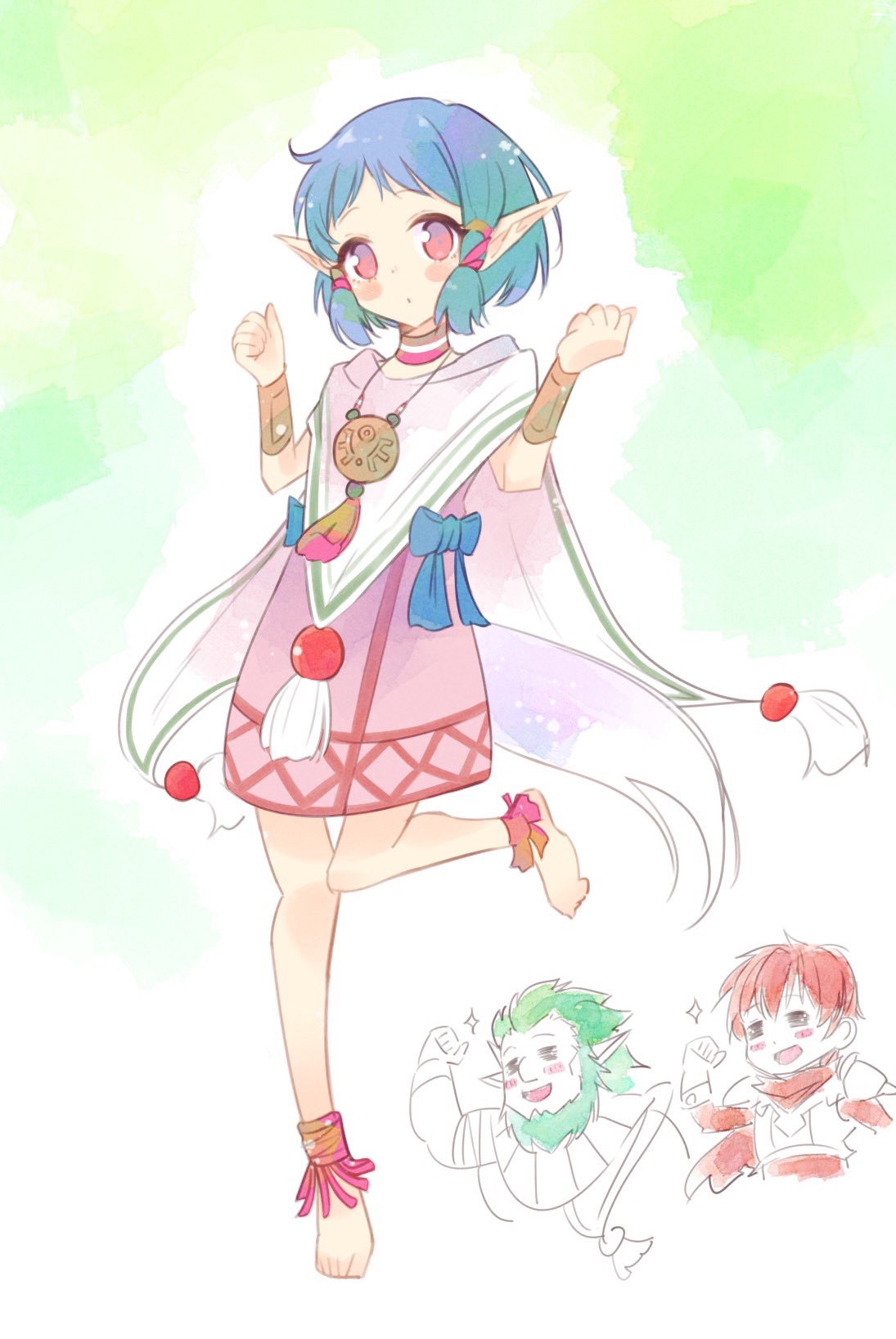 Safebooru - 1girl 2boys = = adol christin arms up barefoot blue bow ...