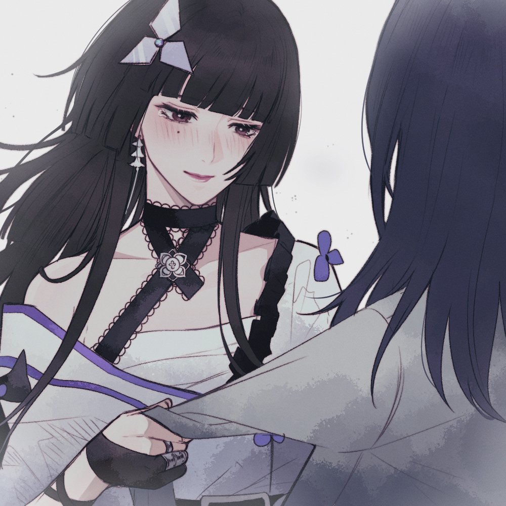 Safebooru - 2girls angon623 artist glove black hair black ribbon blunt bangs blunt ends blush ...