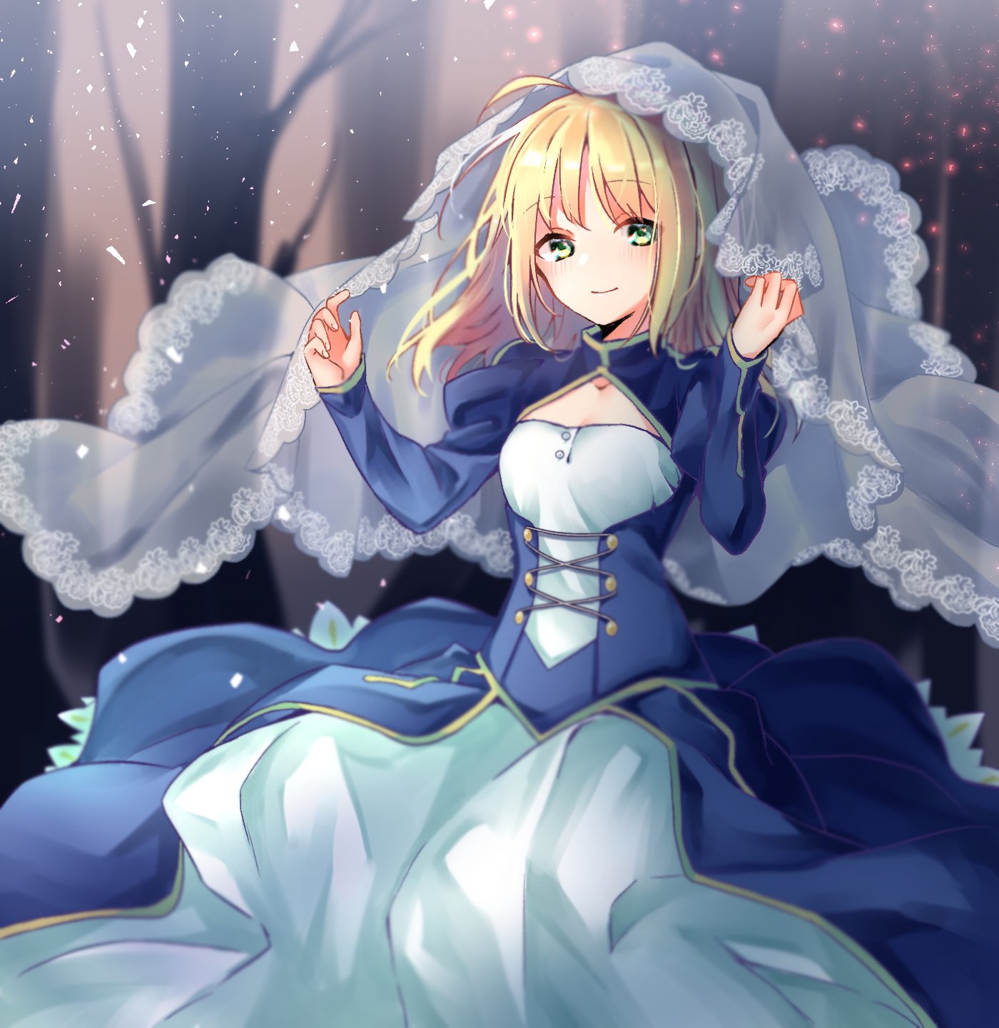 Safebooru - 1girl ahoge artoria pendragon (fate) blonde hair blue dress blush breasts cleavage ...