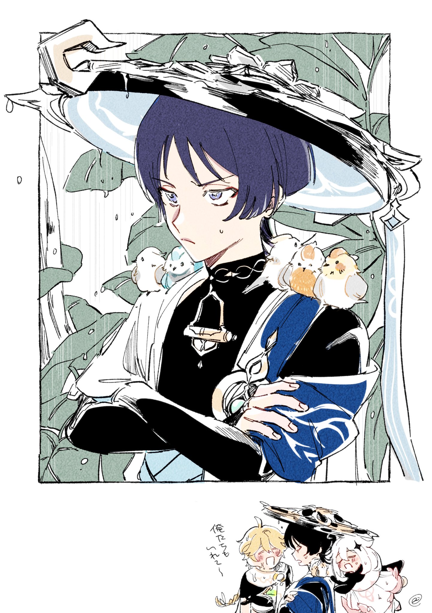 Safebooru - 1girl 2boys aether (genshin impact) ahoge armor bird black ...