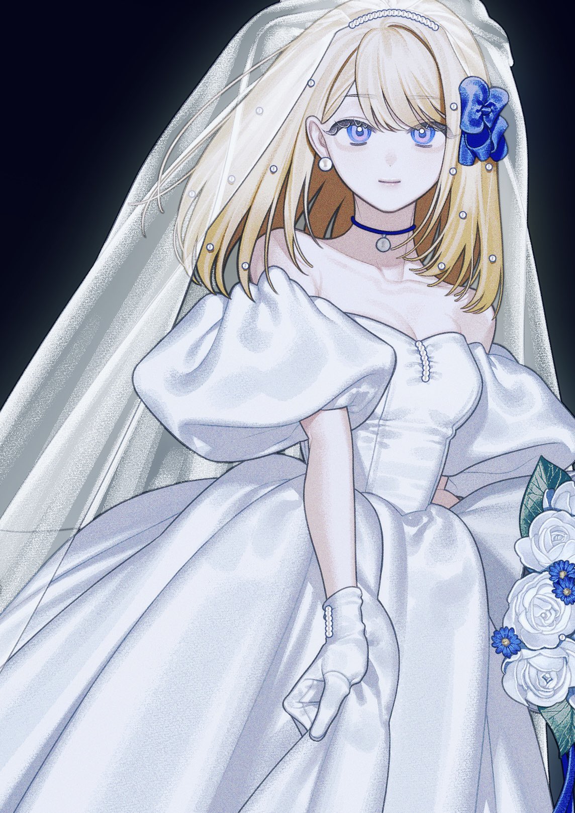 Safebooru - 1girl bare shoulders black background black choker blonde hair blue eyes bouquet ...