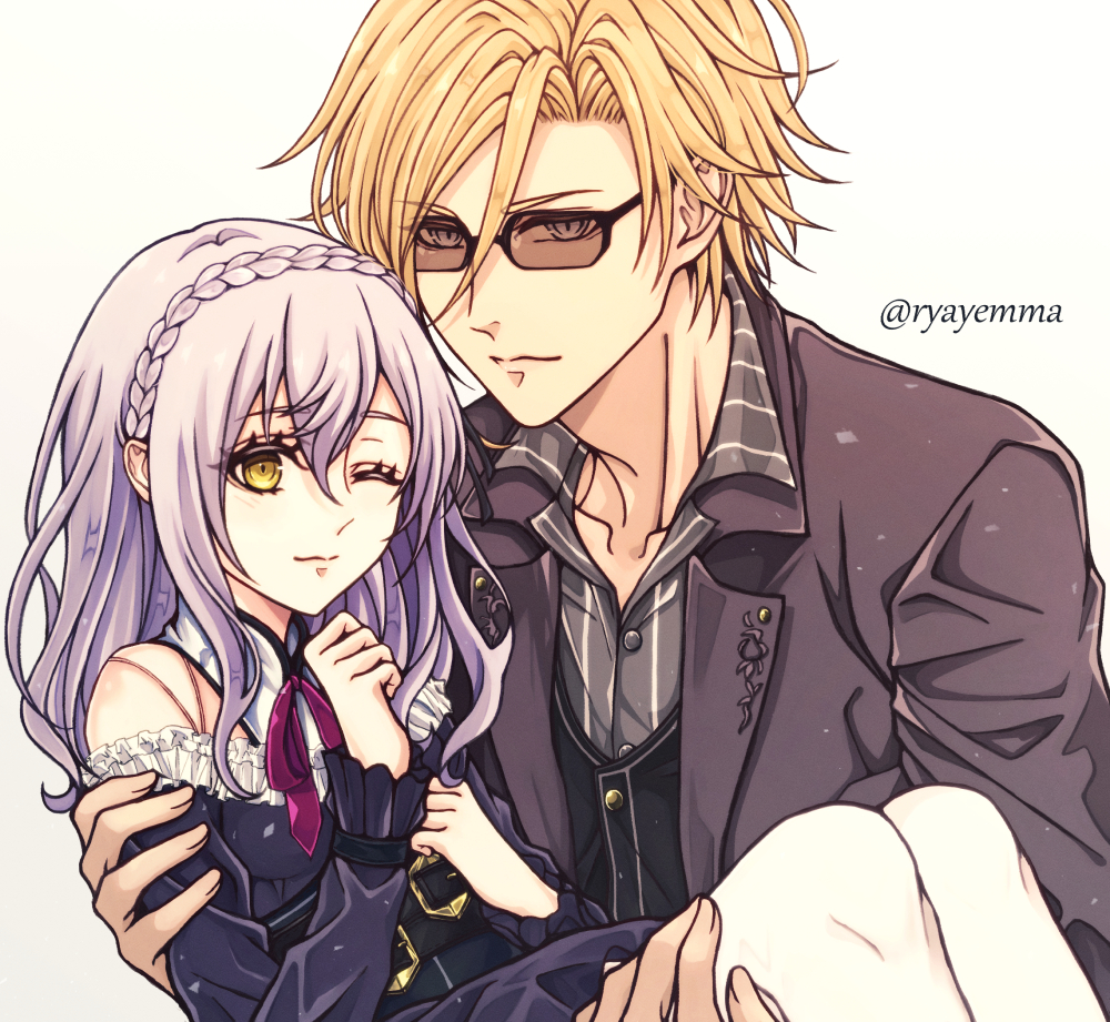 Safebooru - 1boy 1girl bare shoulders black-framed eyewear black eyes black vest blonde hair ...