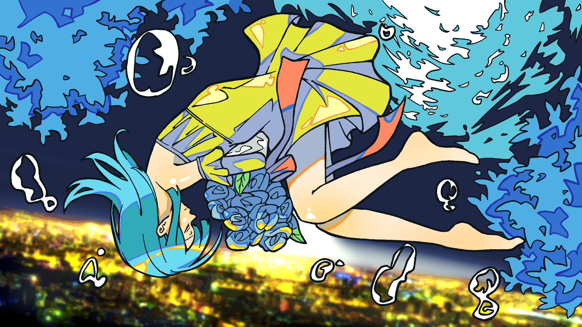 Safebooru - 1girl air bubble bare shoulders barefoot blue hair bouquet bubble character request ...