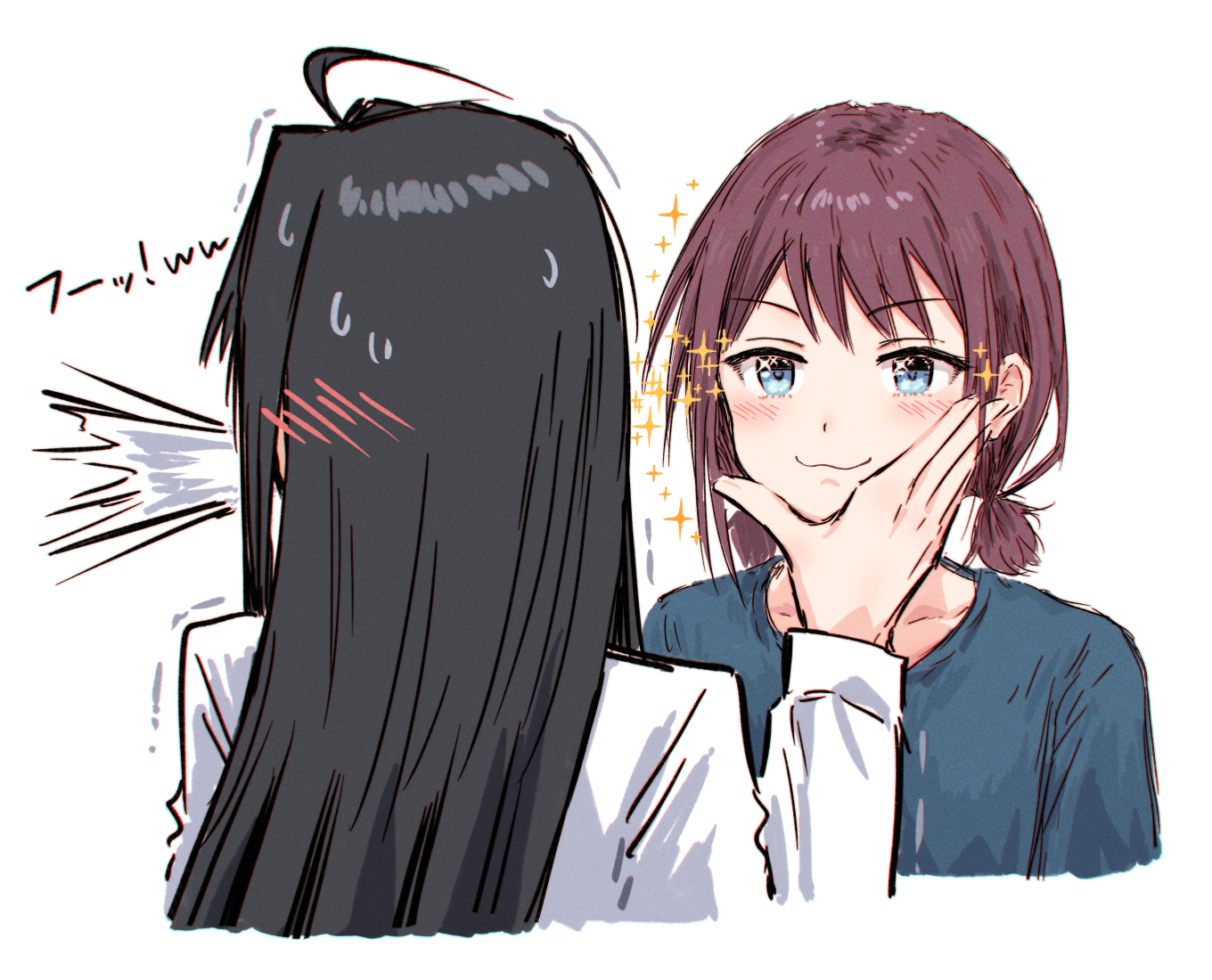 Safebooru - :3 ahoge awa subaru black hair blue eyes blue shirt blush brown hair bullfalk ...