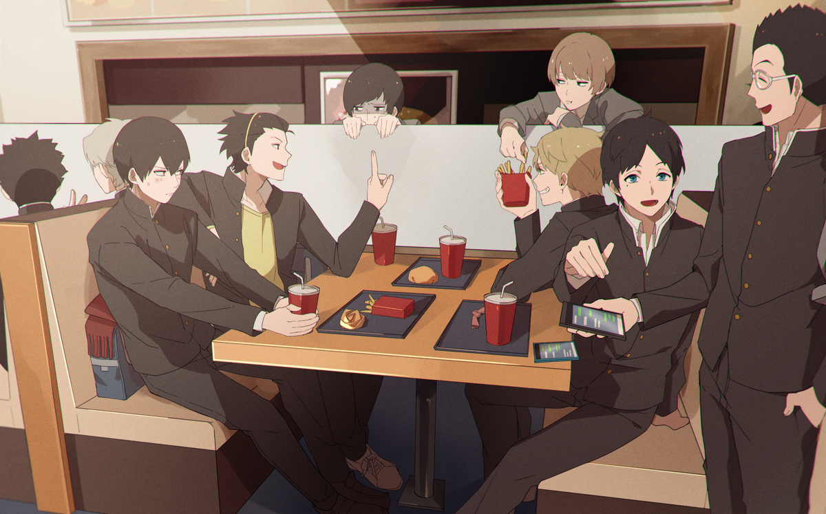 Safebooru - black hair blonde hair drink eating miwa shuuji world trigger yoneya yousuke | 5043565