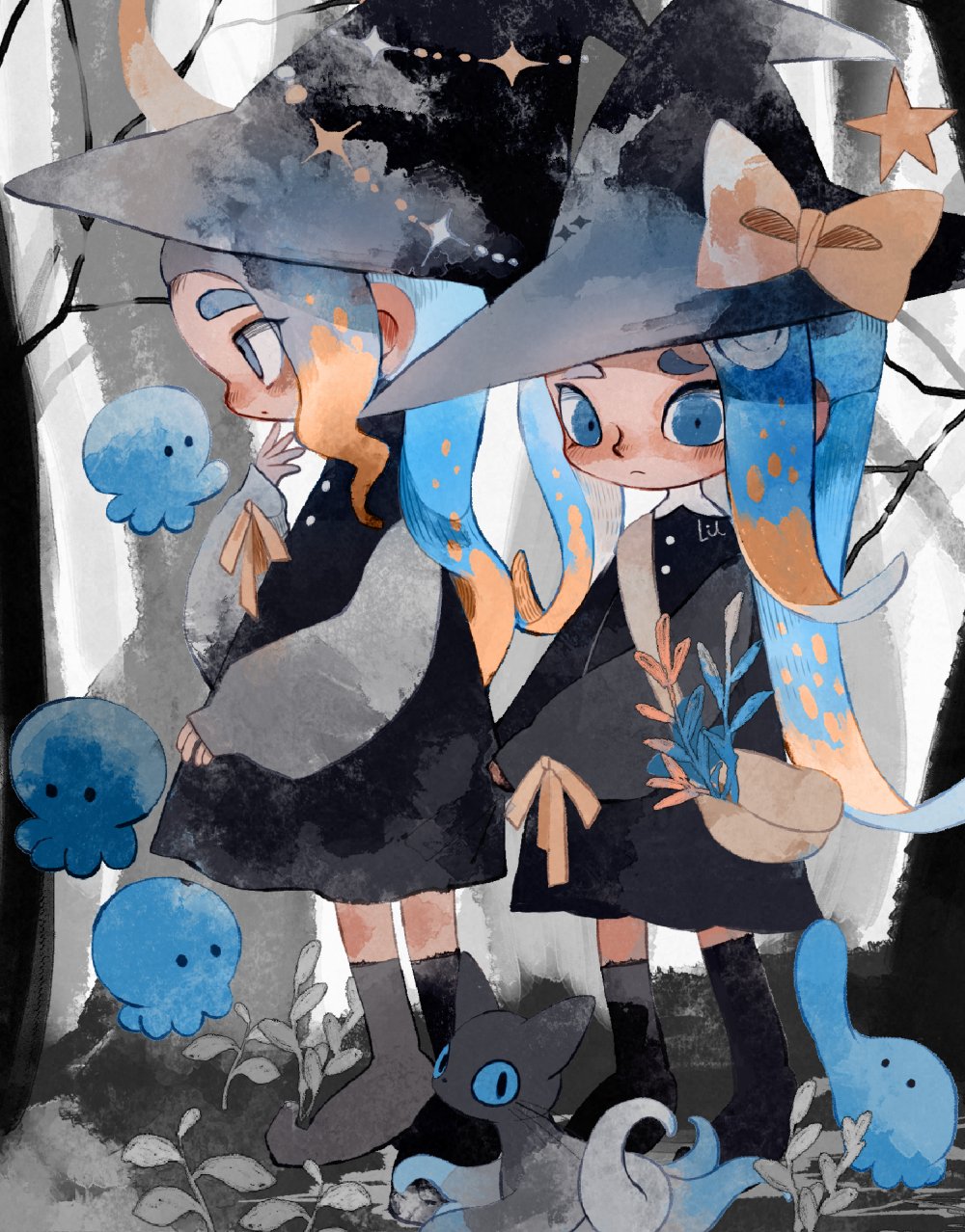 Safebooru - 2girls black cat black hat blue eyes blue hair bow brown hair cat colored tips ...